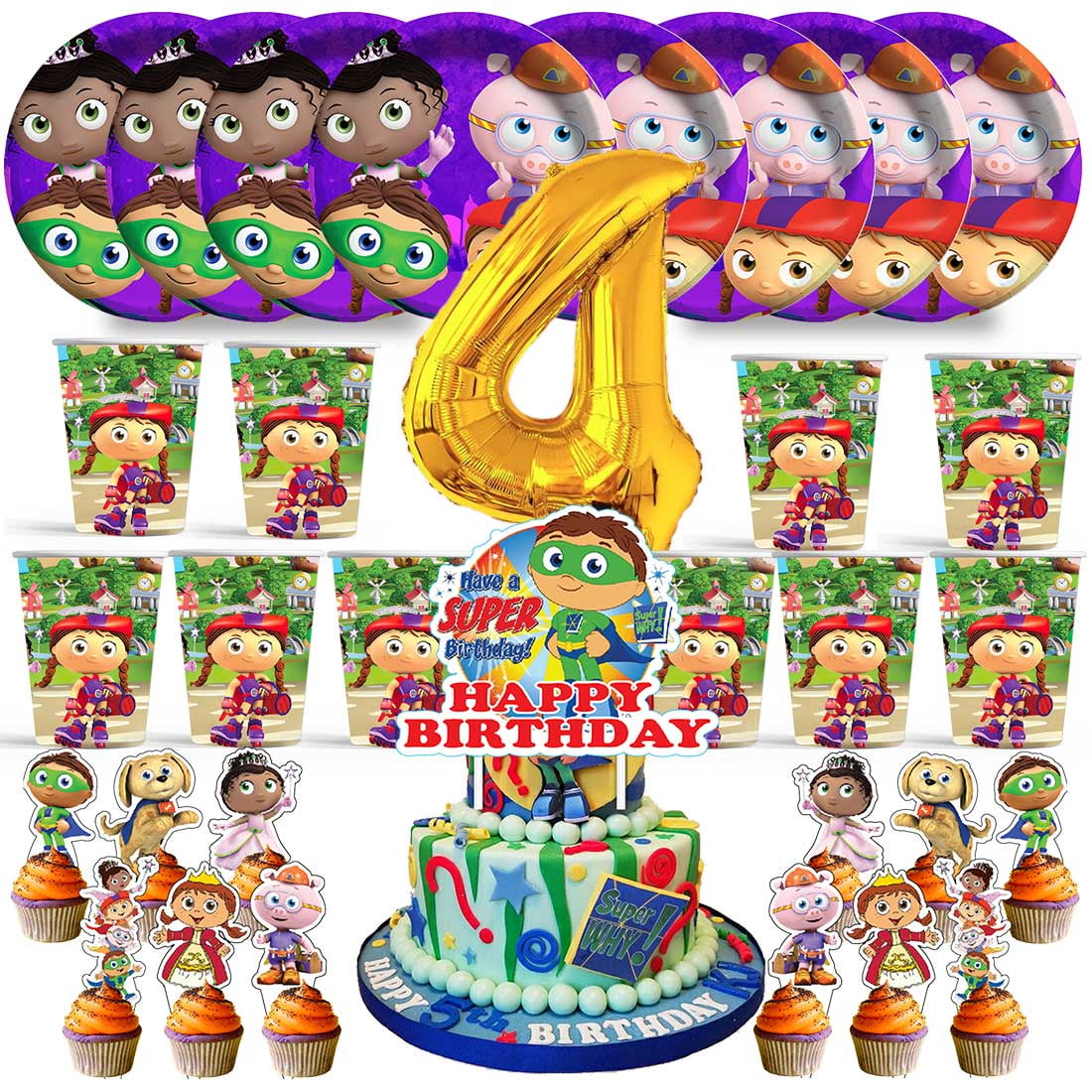 Super Why Birthday 4th Cups Party Supplies Plates Fans Decorations Cake ...