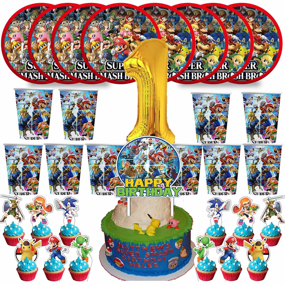 Super smash bros Birthday 1st Cups Party Supplies Plates Fans ...
