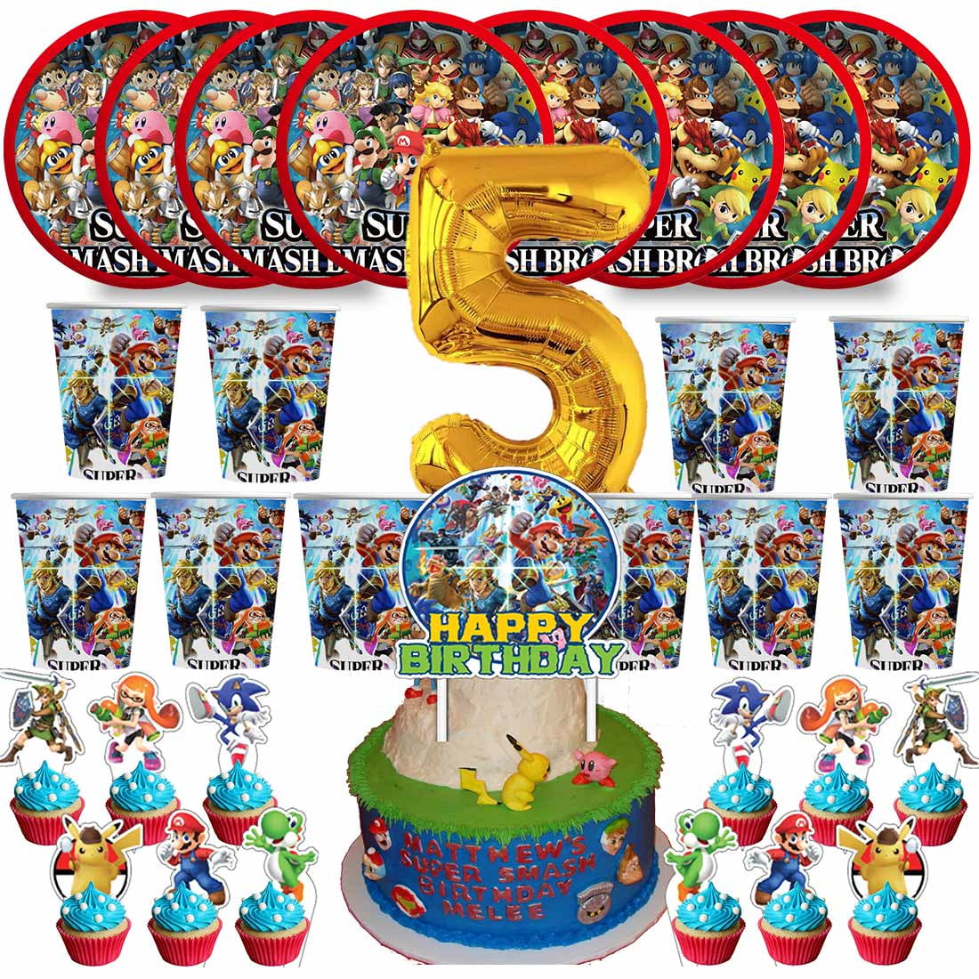 Super smash bros Birthday 5th Cups Party Supplies Plates Fans ...