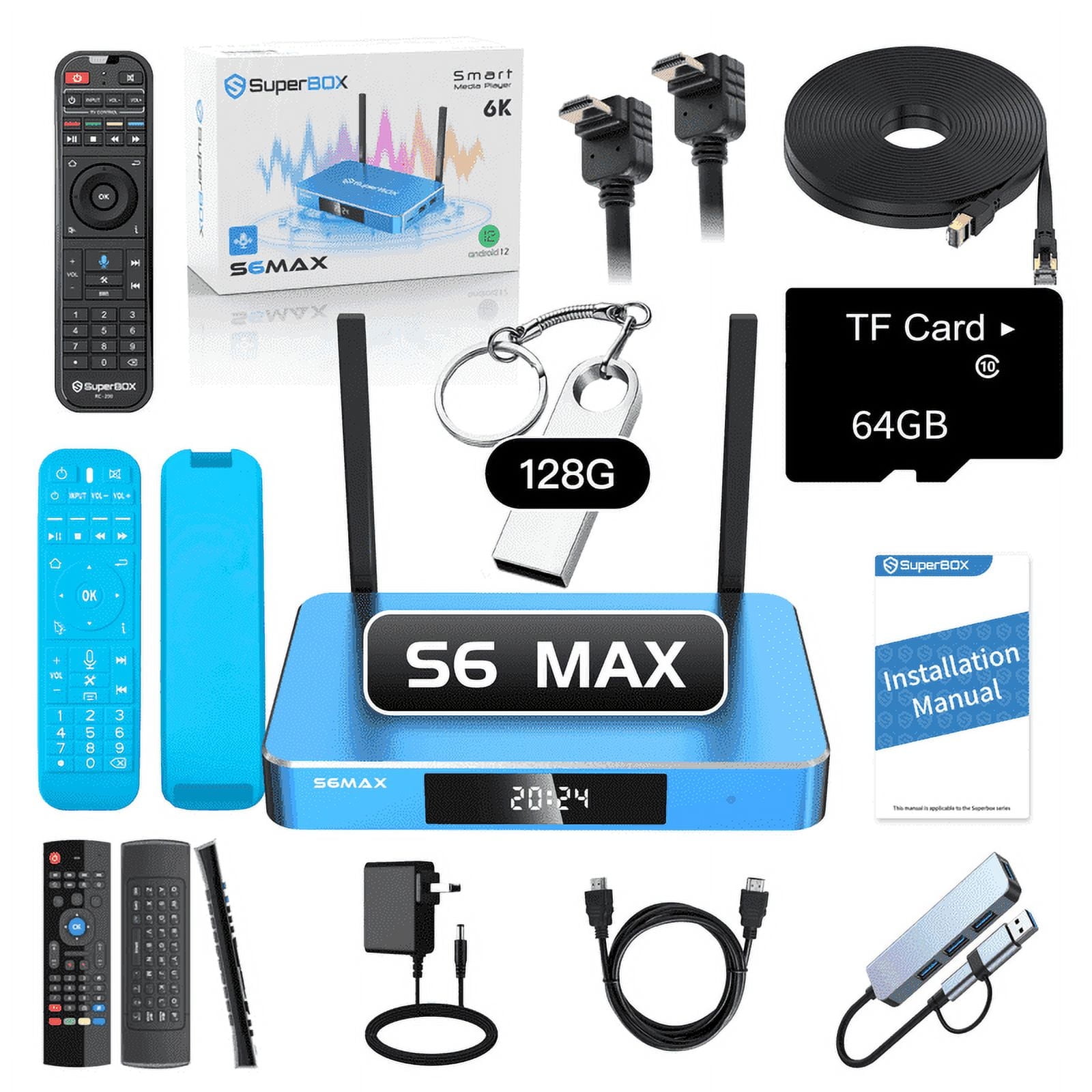 SuperBox S6MAX 2025 Kit: Air remote + Angled HDMI + 128GB drive + Case ...