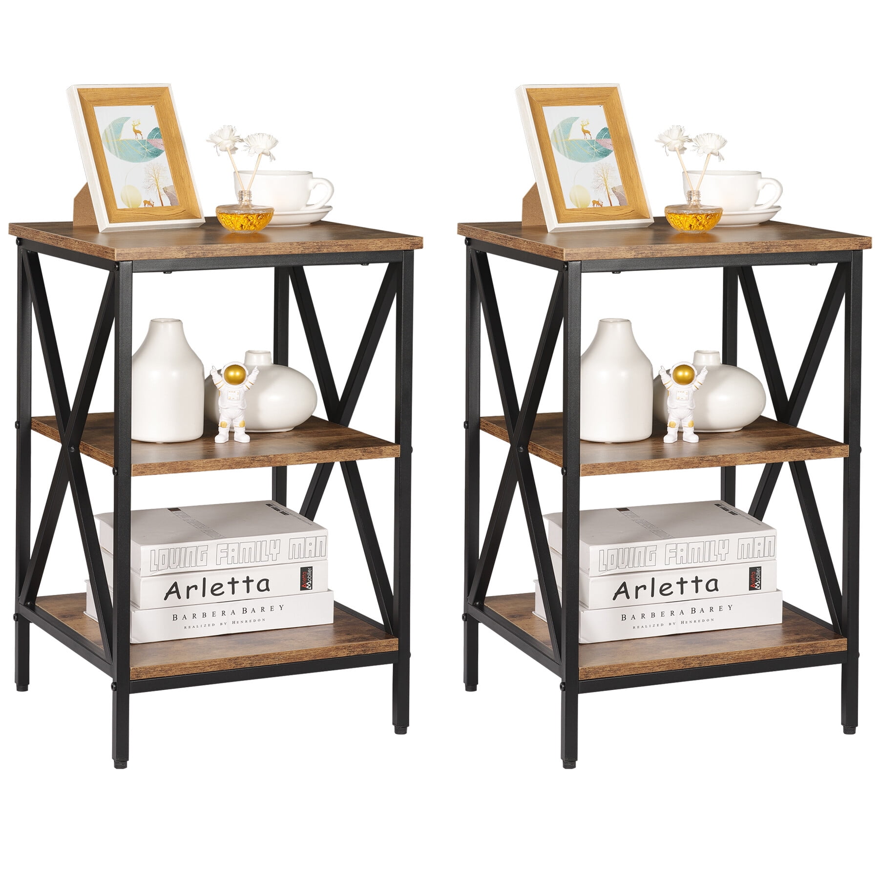 SuperDeal 2pcs End Table 3-Tier MDF Melamine Veneer Rectangle Brown ...