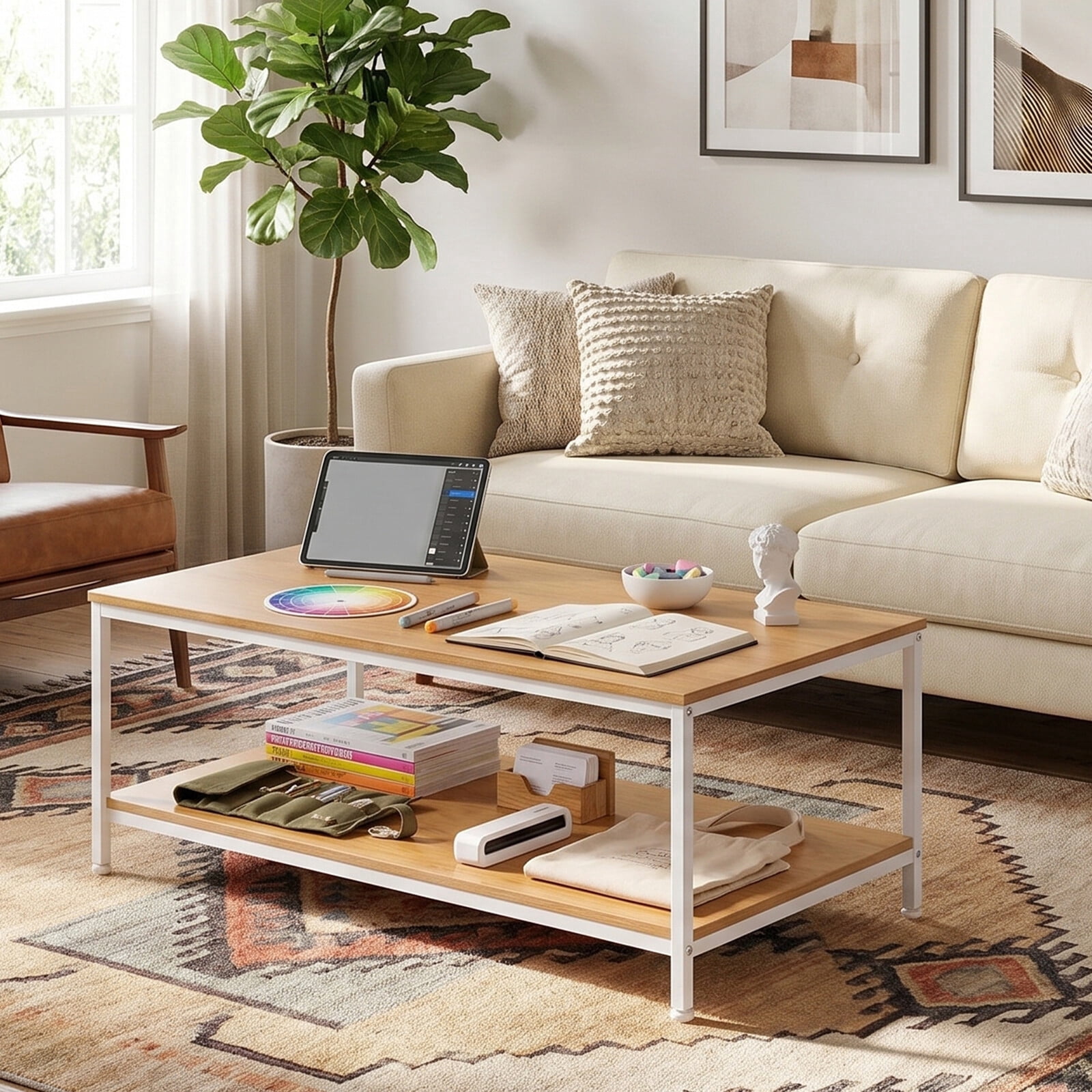 SuperDeal 39in Coffee Table 2-Tier Minimalist Center Table with Storage ...