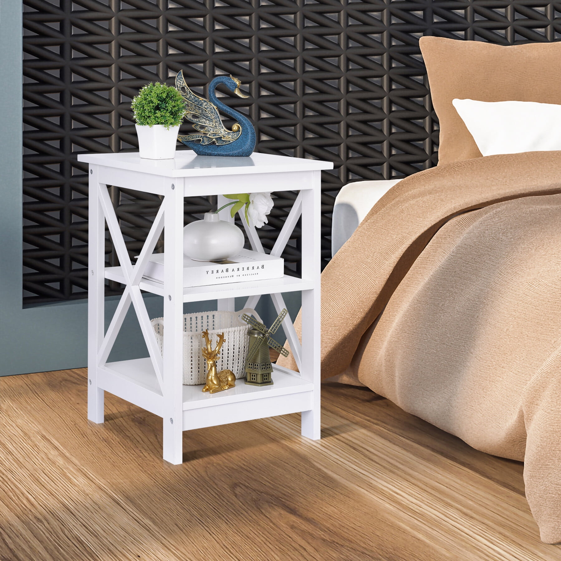 SuperDeal White MDF End Table with X-Design and Storage Shelves for ...