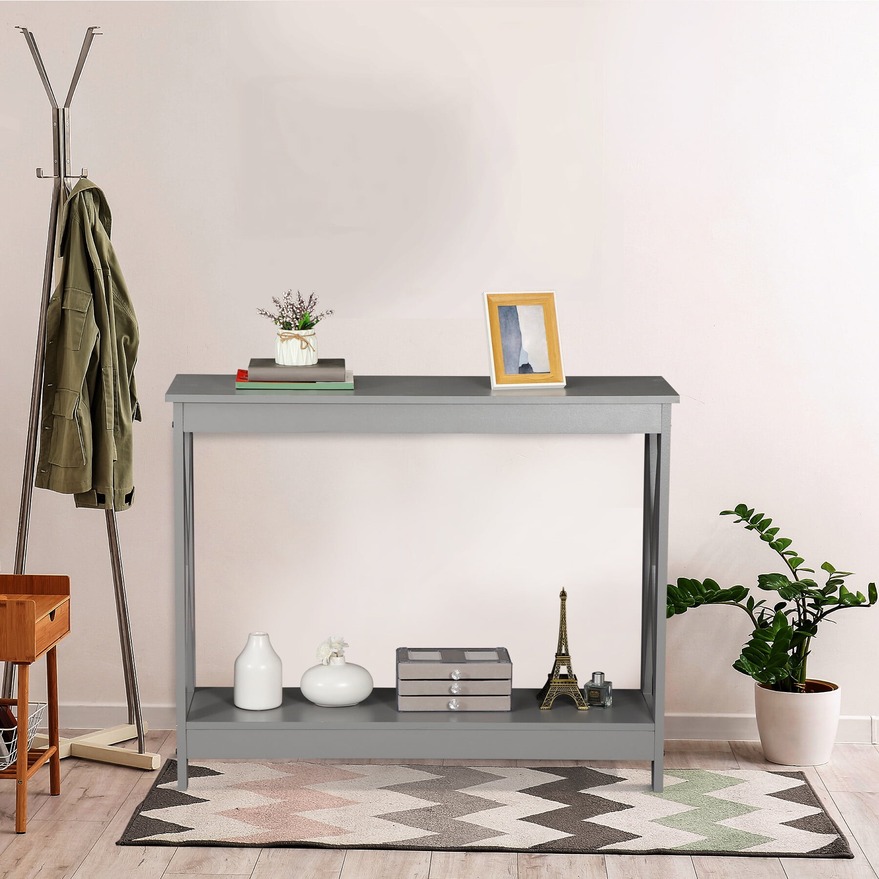 SuperDeal Gray Console Table 2-Tier MDF Entryway Table X-Design Storage ...