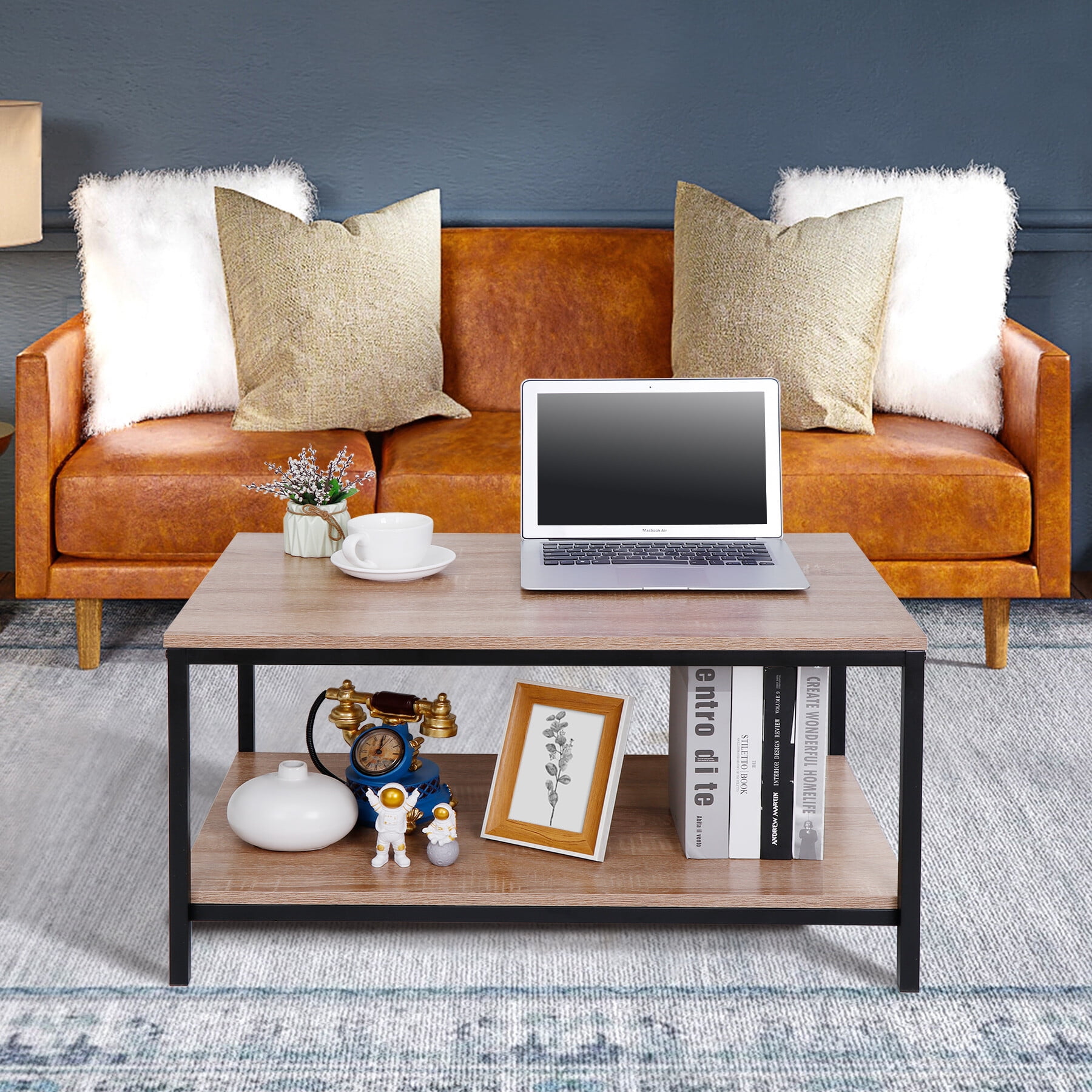 SuperDeal 2-Tier Minimalist Coffee Table with Storage, MDF + Metal ...