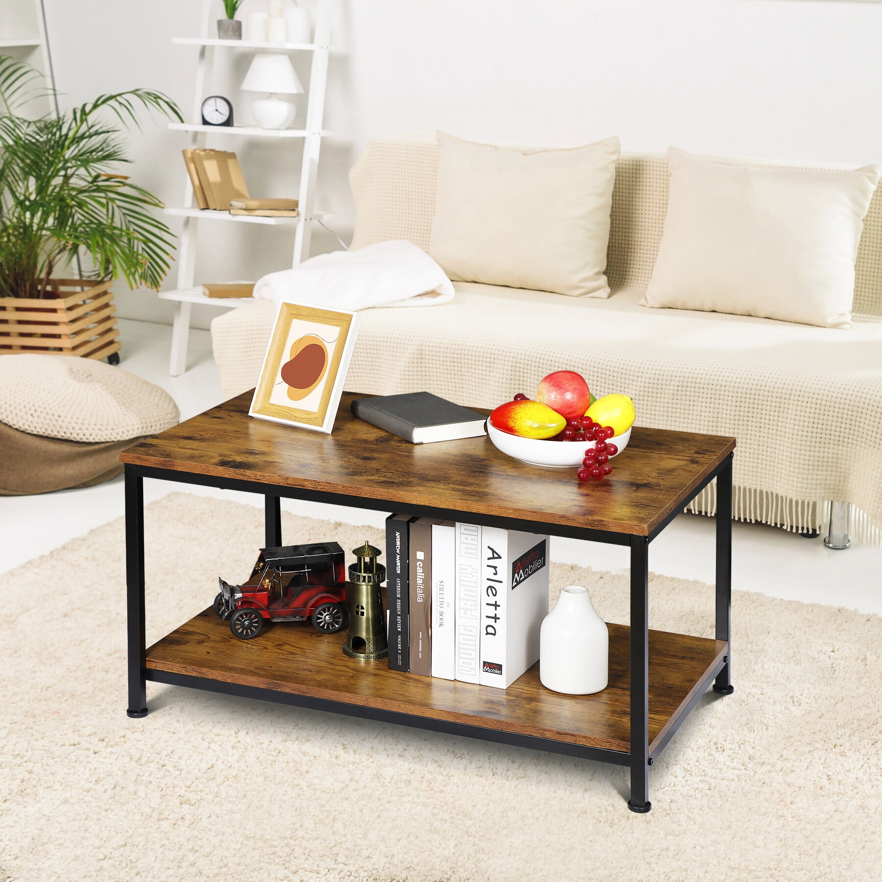 Superdeal Rectangular Vintage Coffee Table, 2-Tier Storage, MDF + Metal ...