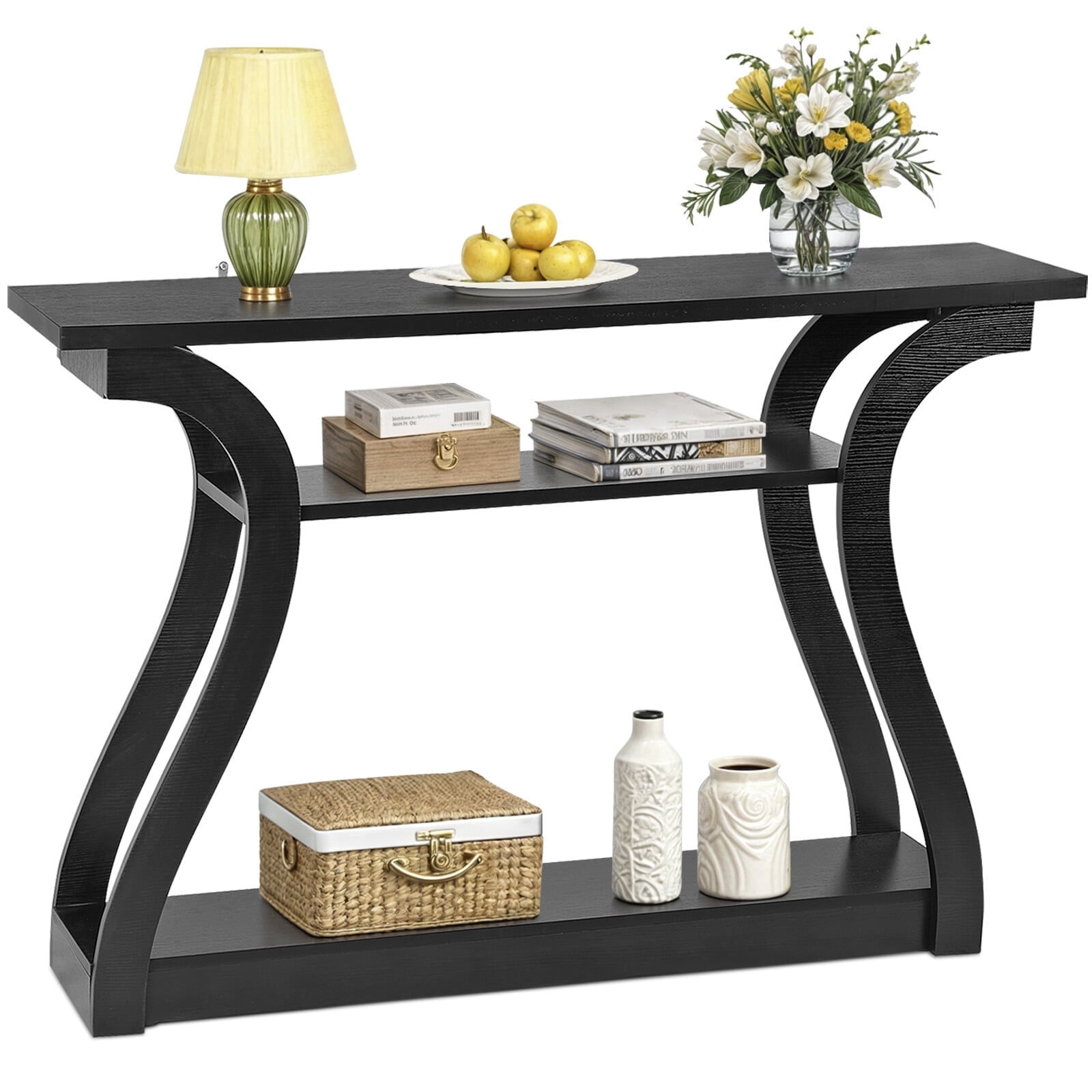 SuperDeal Simple Curve Console Table Porch Side Table Glossy MDF Black ...