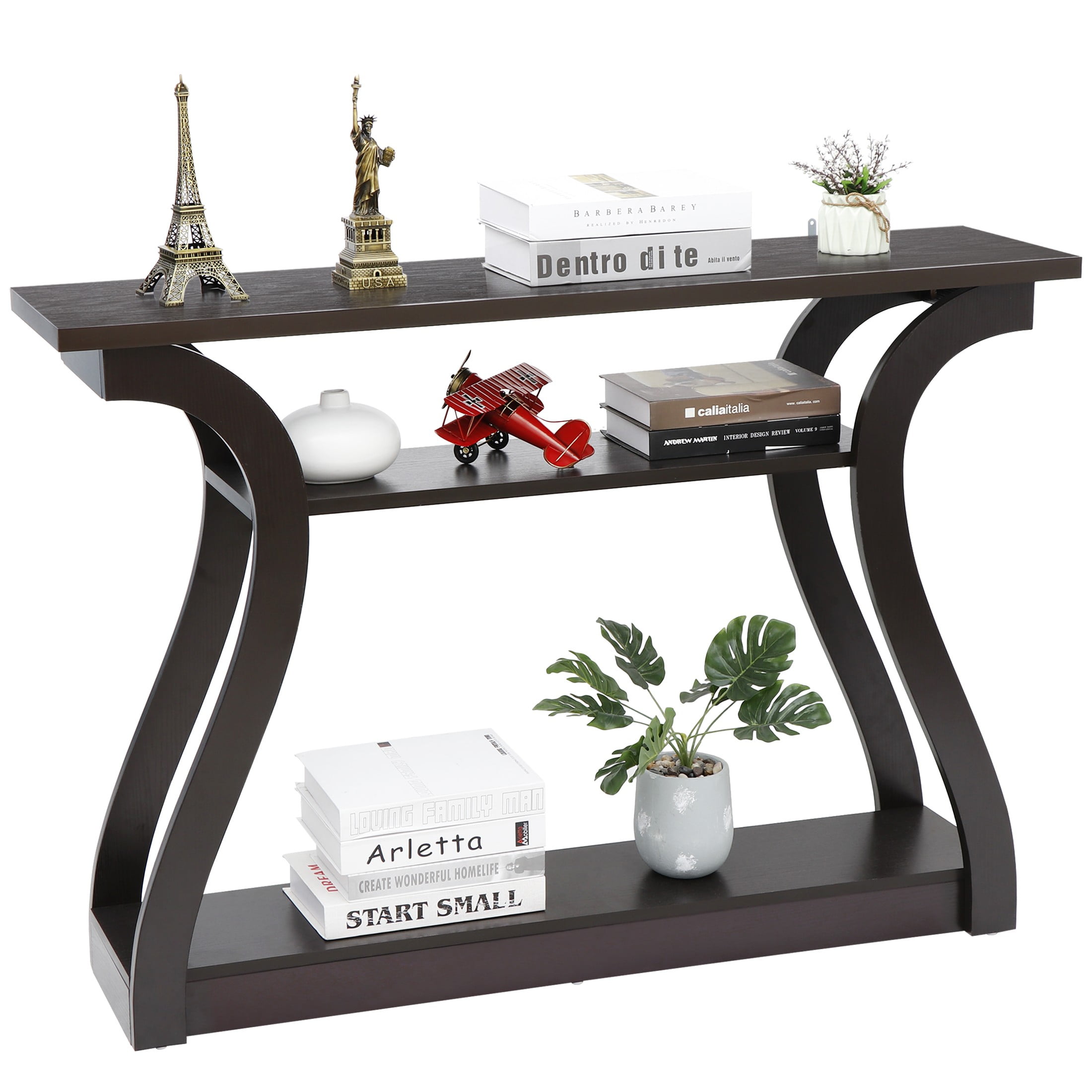 SuperDeal Glossy MDF Console Table, Simple Curve Design, Blackish Brown ...