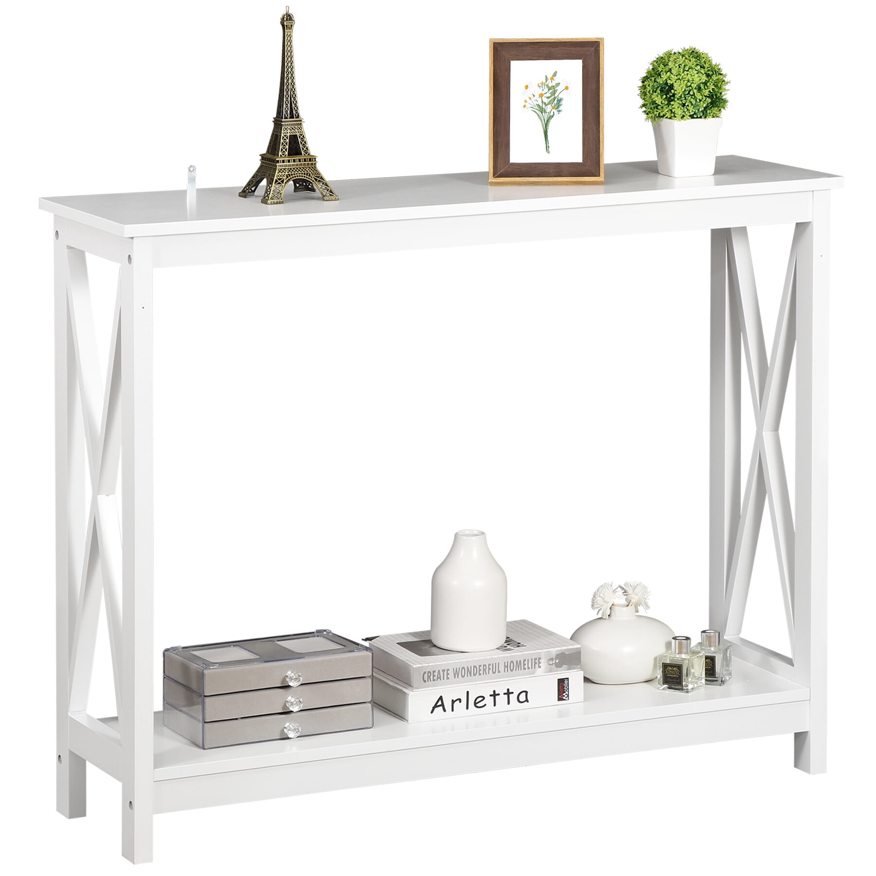SuperDeal 2-Tier White Console Table, MDF Entryway, X-Design Storage ...