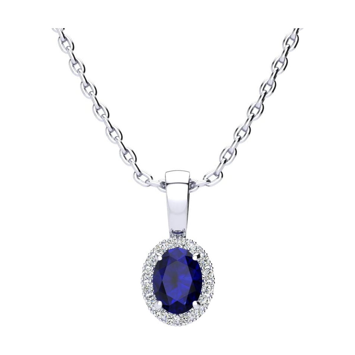 SuperJeweler 1/2 Carat Oval Shape Sapphire and Halo Diamond Necklace In ...