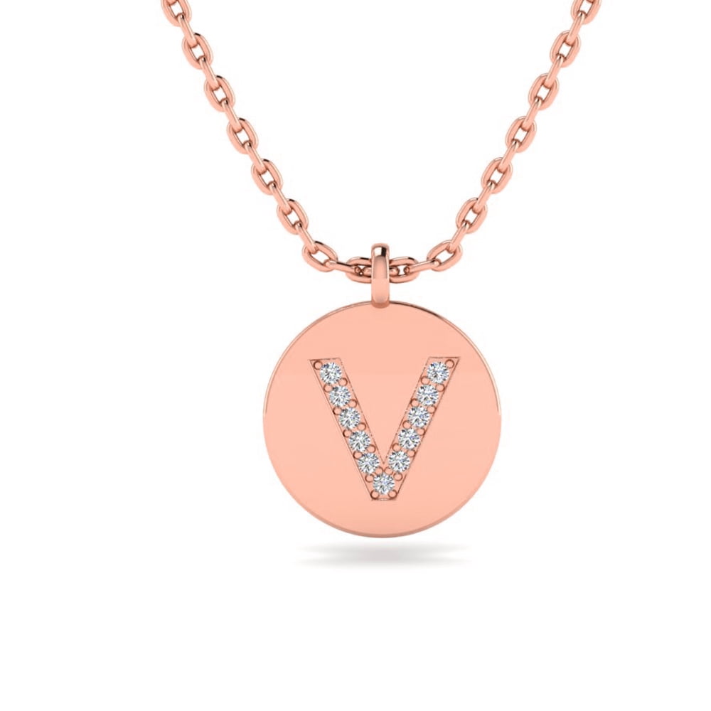 SuperJeweler V Initial Necklace, Disc Style, in 14 Karat Rose Gold With ...