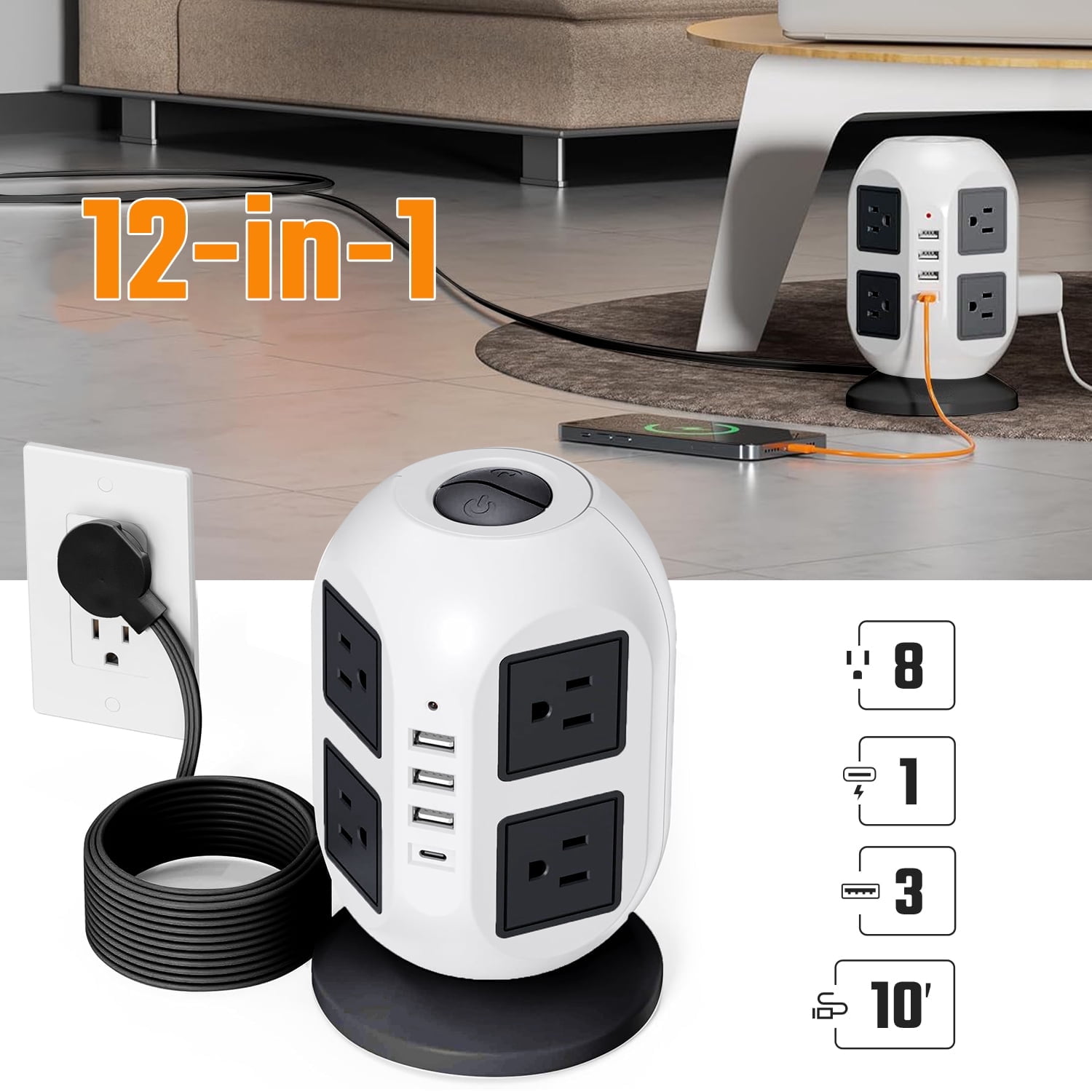 Superdanny 8 Outlet Power Strip Tower, USB C Surge Protector with 10FT ...