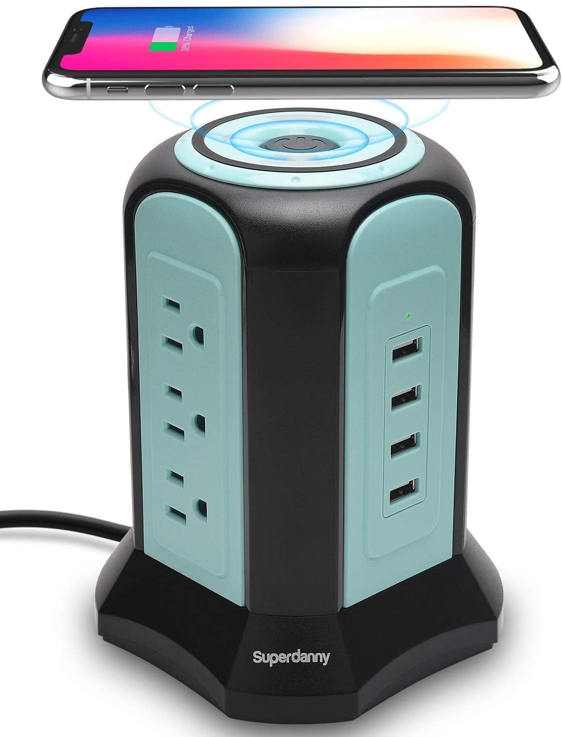 SUPERDANNY Wireless Charger Power Strip Tower - 9 Outlets, 4 USB, 10ft ...