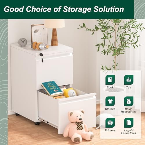 Superday 2 Drawer File Cabinet, Metal Rolling Filing Cabinet with Lock ...