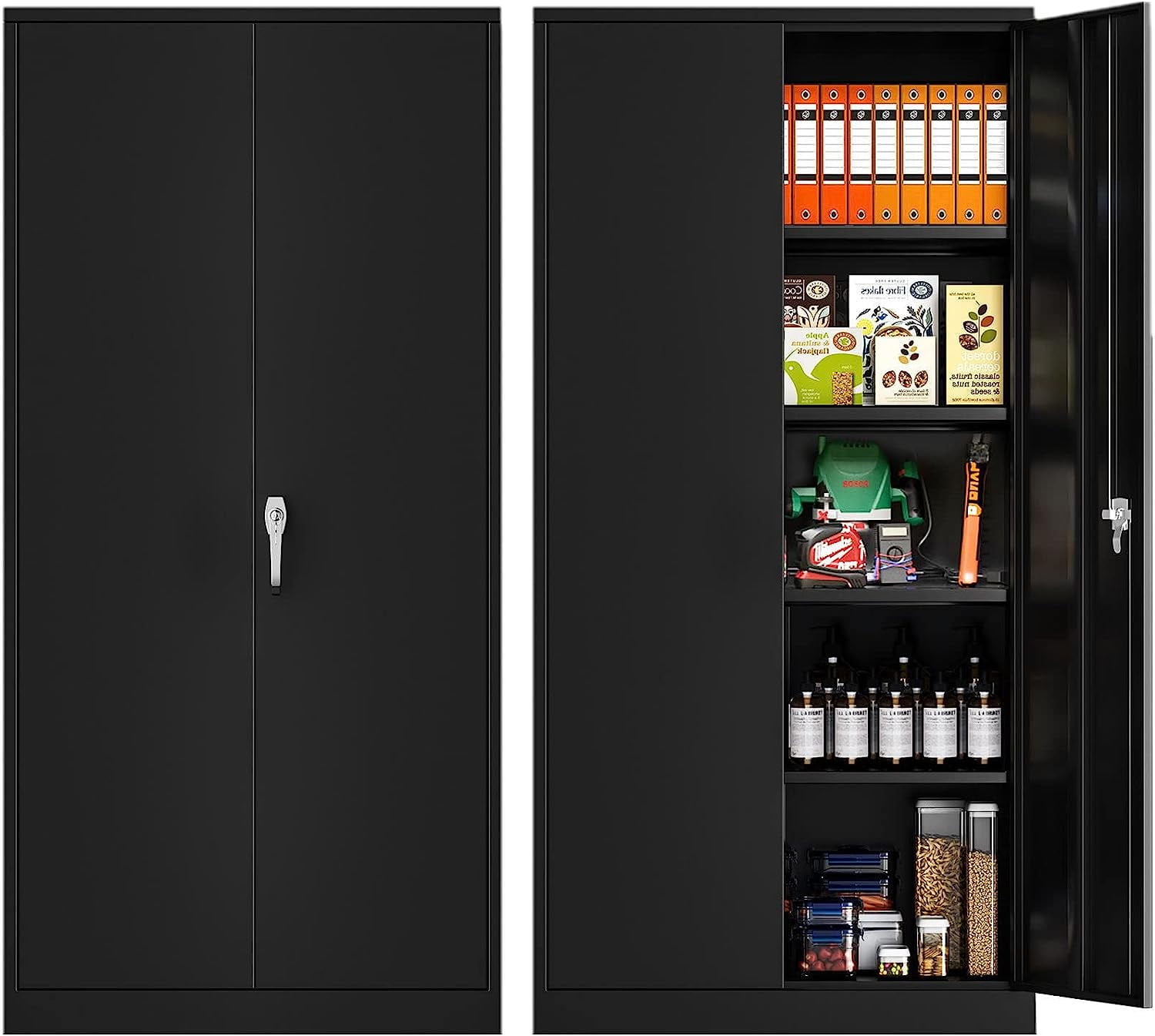 Superday 71" Steel Storage Cabinet with Lock, Black Metal Storage ...