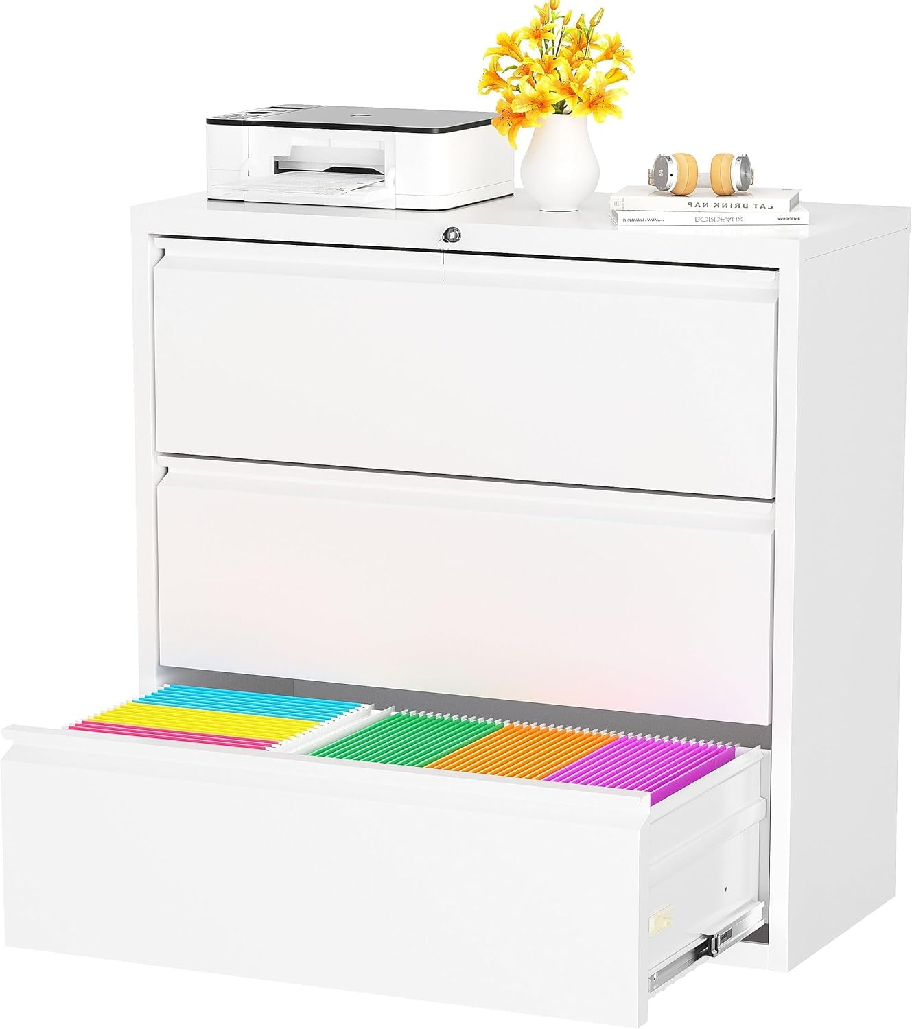 Superday Lateral File Cabinet 3 Drawer, White Filing Cabinets with Lock ...