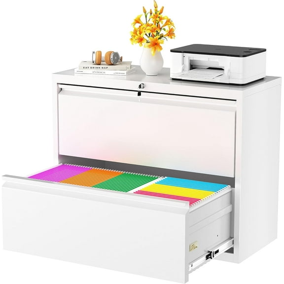HHBEAUTY 2 Drawer Lateral File Cabinet with Lock, White Lateral Filing ...