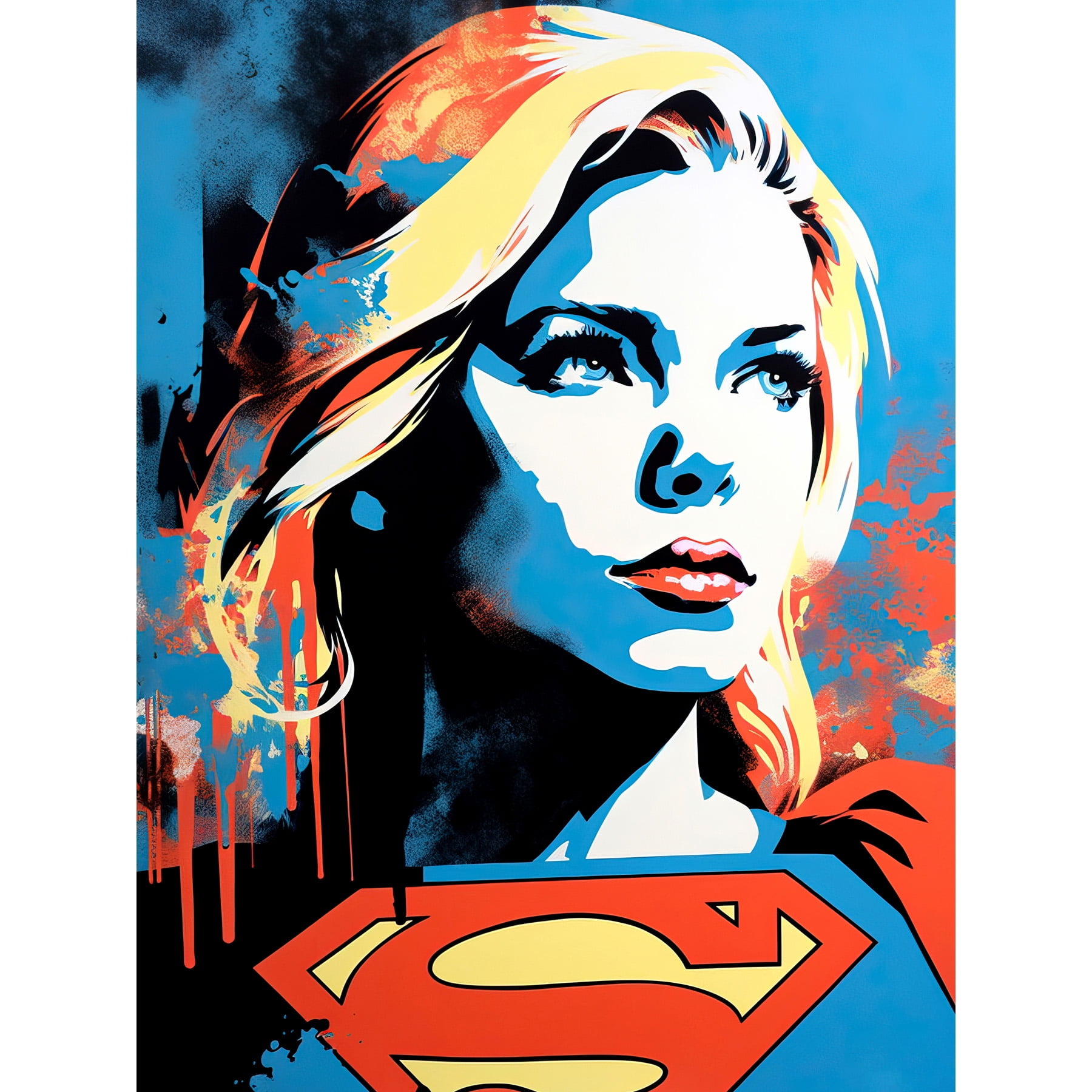 Supergirl Linocut Portrait Blue Red Yellow Female Comic Book Superhero ...