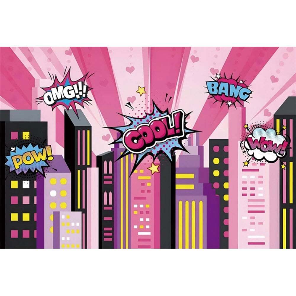 Superhero Birthday Backdrop Pink City Building Night Super Hero Party ...