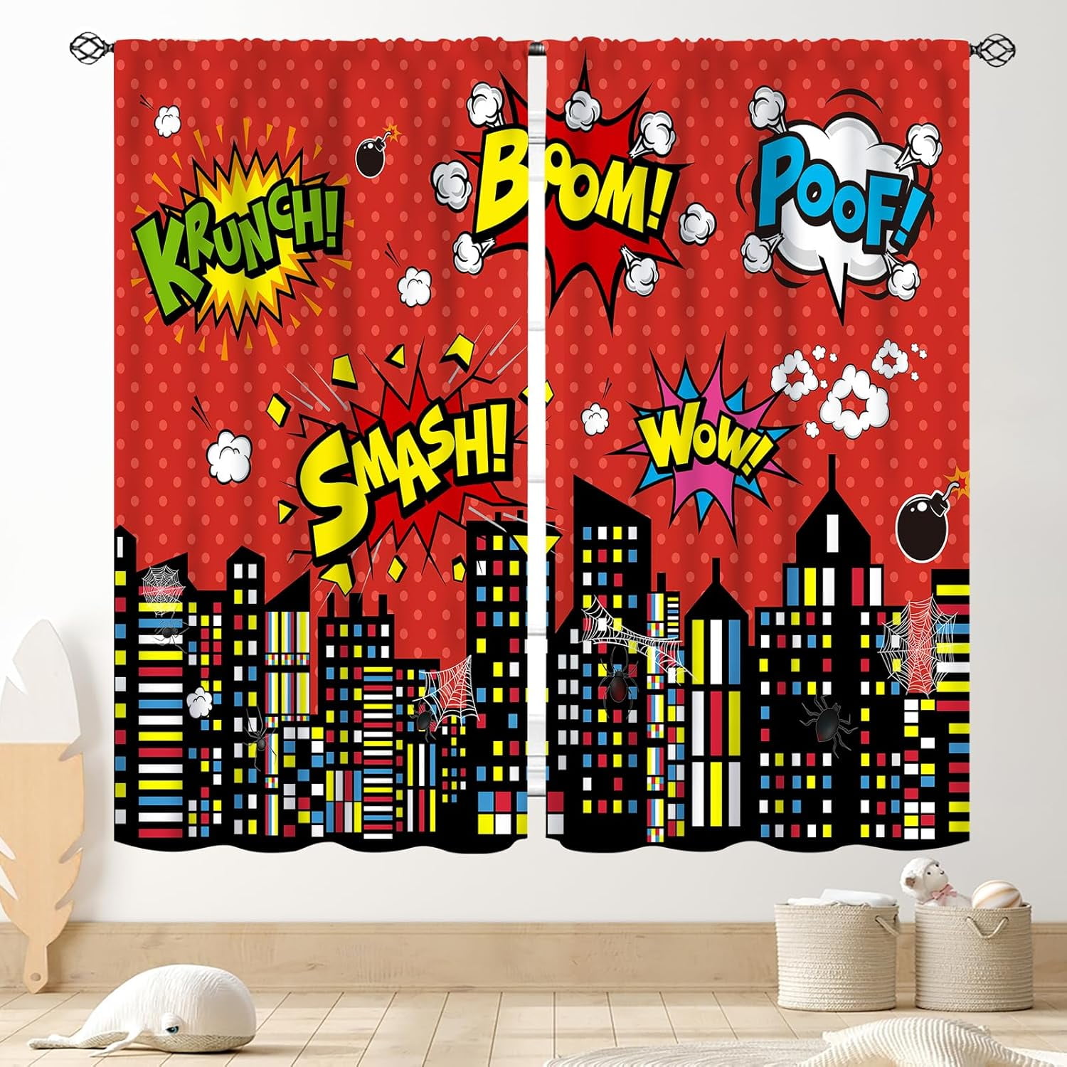 Superhero City Curtains for Boys Kids Teens, Red Spider Web Cityscape ...