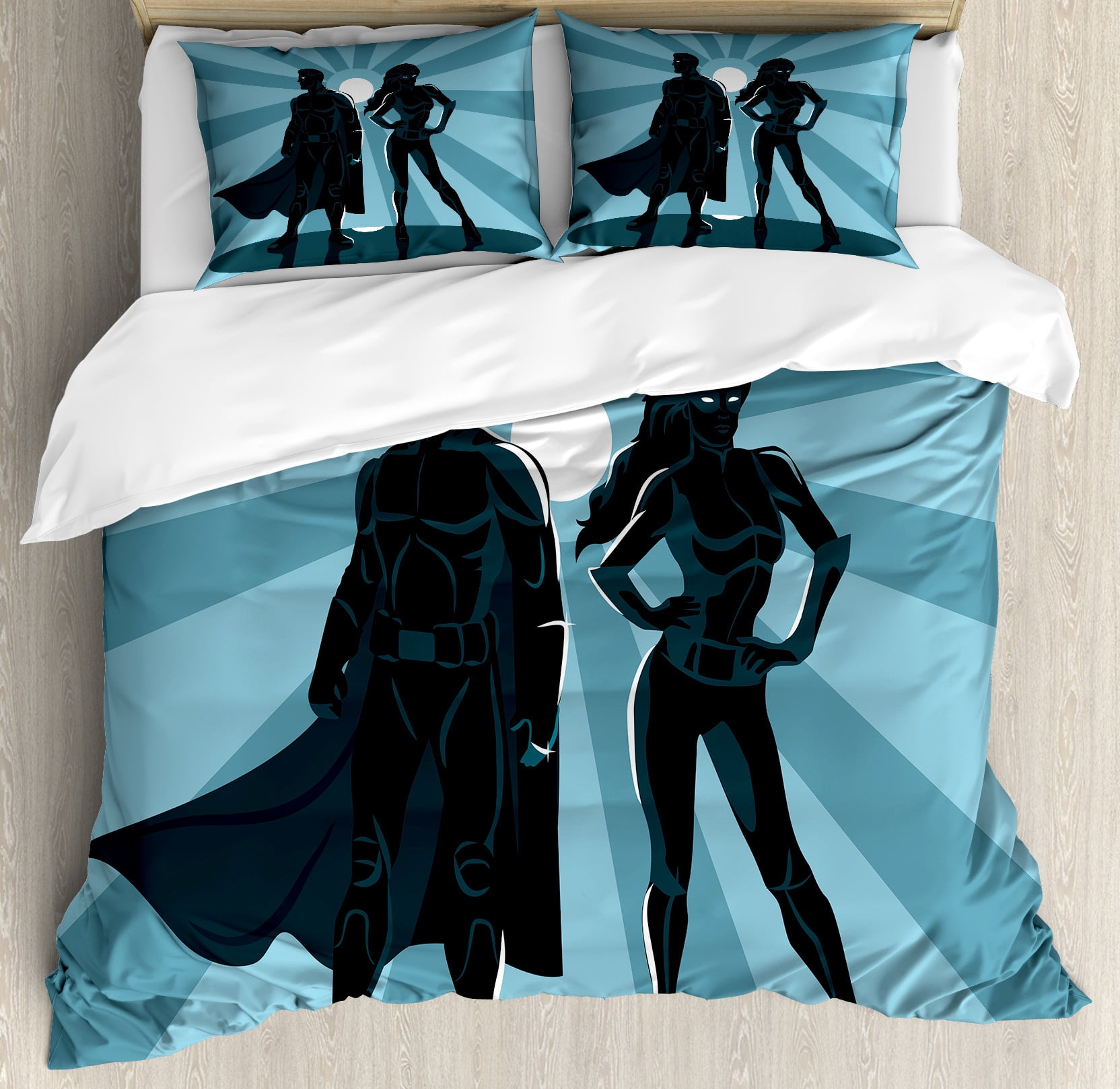 Superhero Duvet Cover Set, Man and Woman Superheroes Costume Capes Night Protector in Moonlight ...