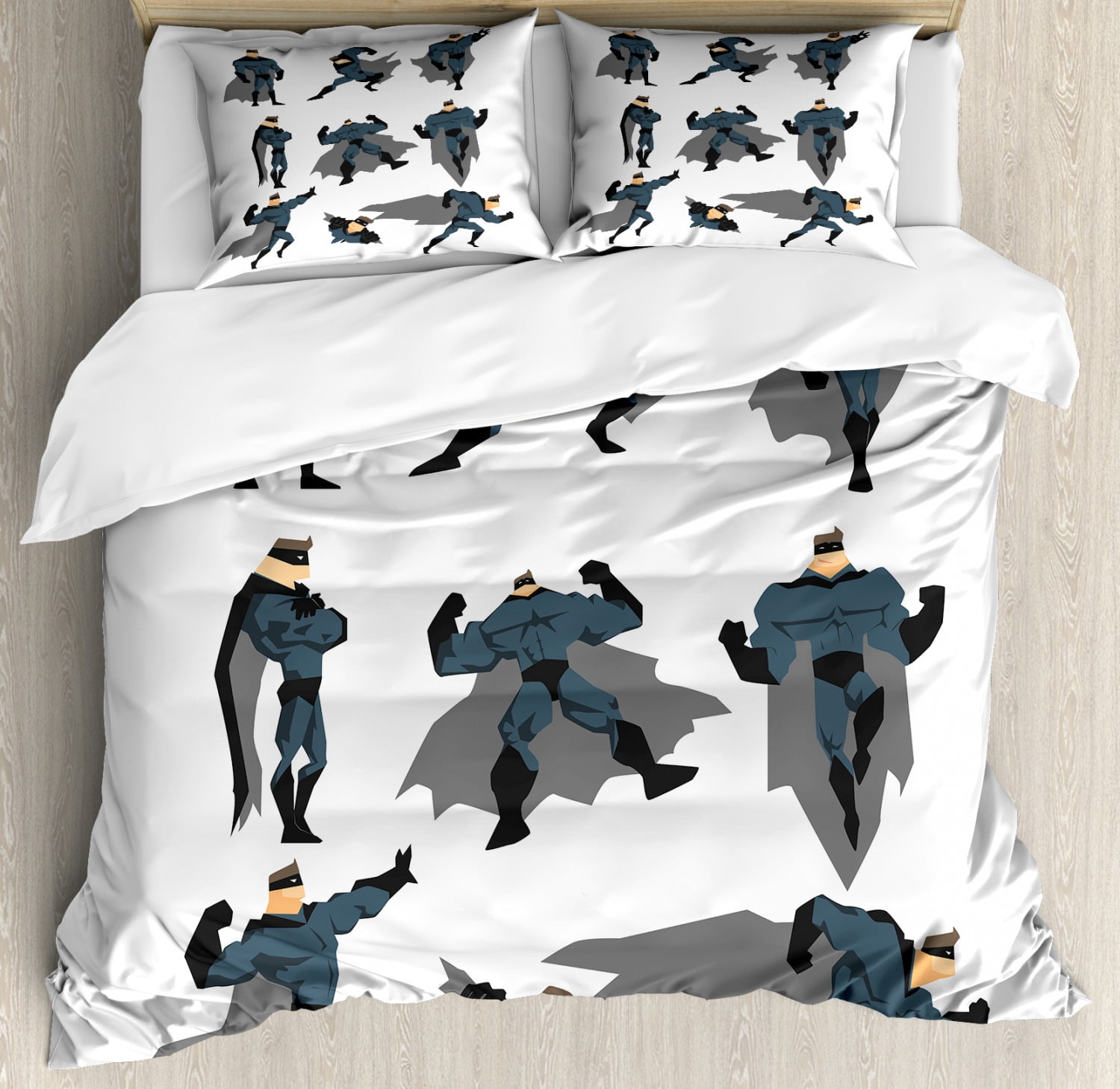 Superhero Duvet Cover Set Queen Size, Fun Cartoon Man in Costume Posing ...