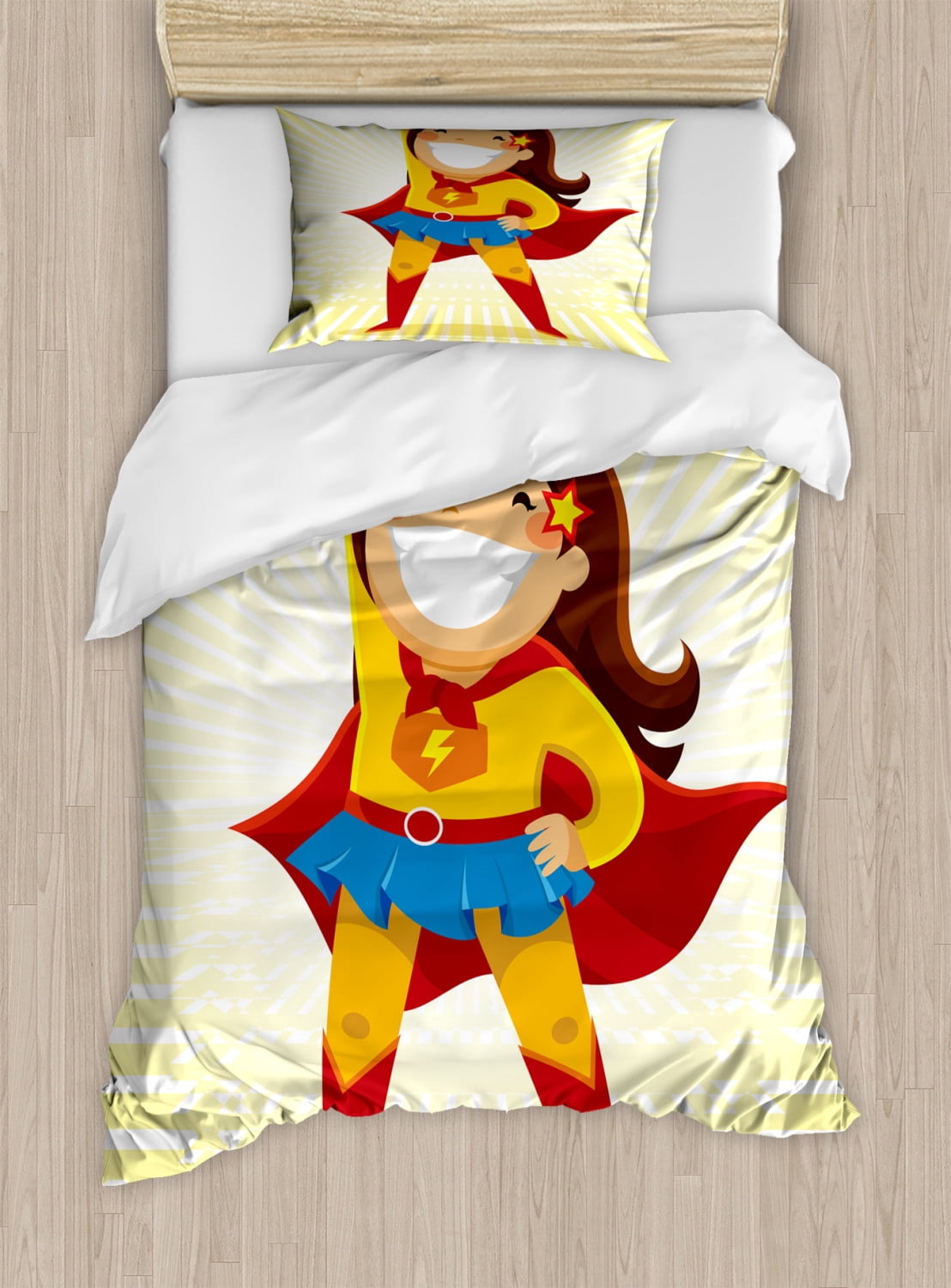 Superhero Duvet Cover Set Twin Size, Courageous Little Girl with a Big ...