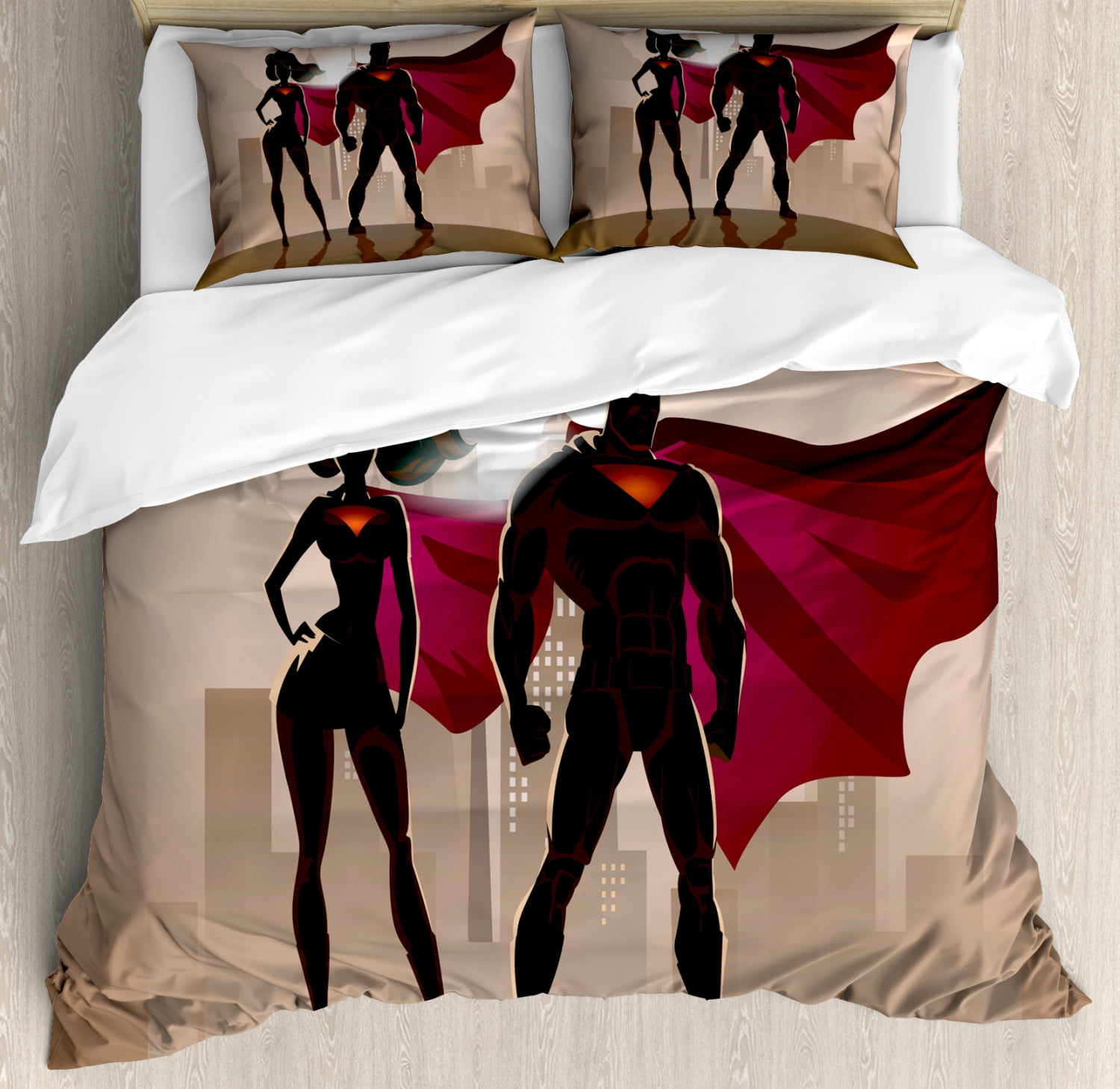 Superhero Queen Size Duvet Cover Set, Super Woman and Man Heroes in ...