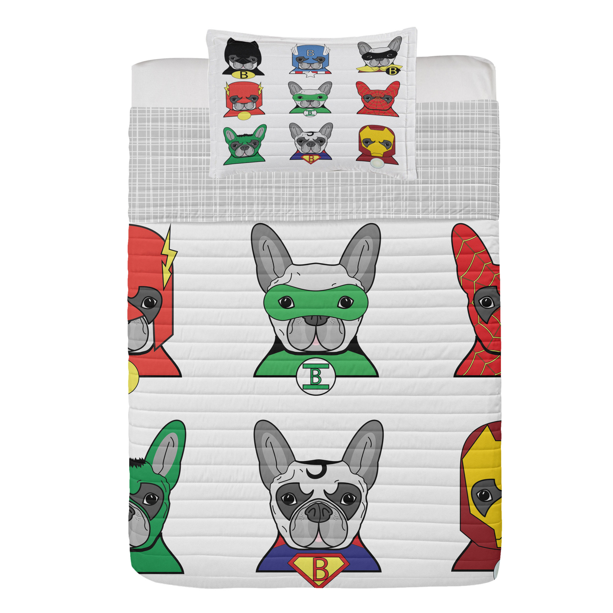Superhero Reversible Bedspread Set, Bulldog Superheroes Fun Cartoon ...