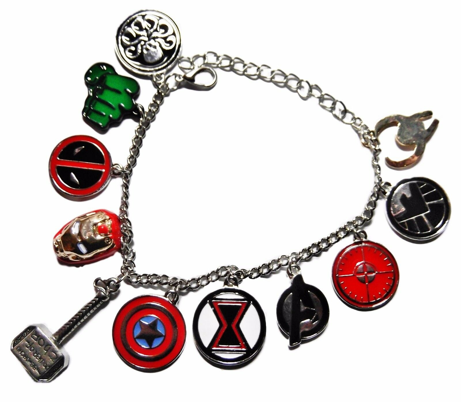 Superheroes 11 Themed Logo Charms Silvertone Metal Charm Bracelet ...