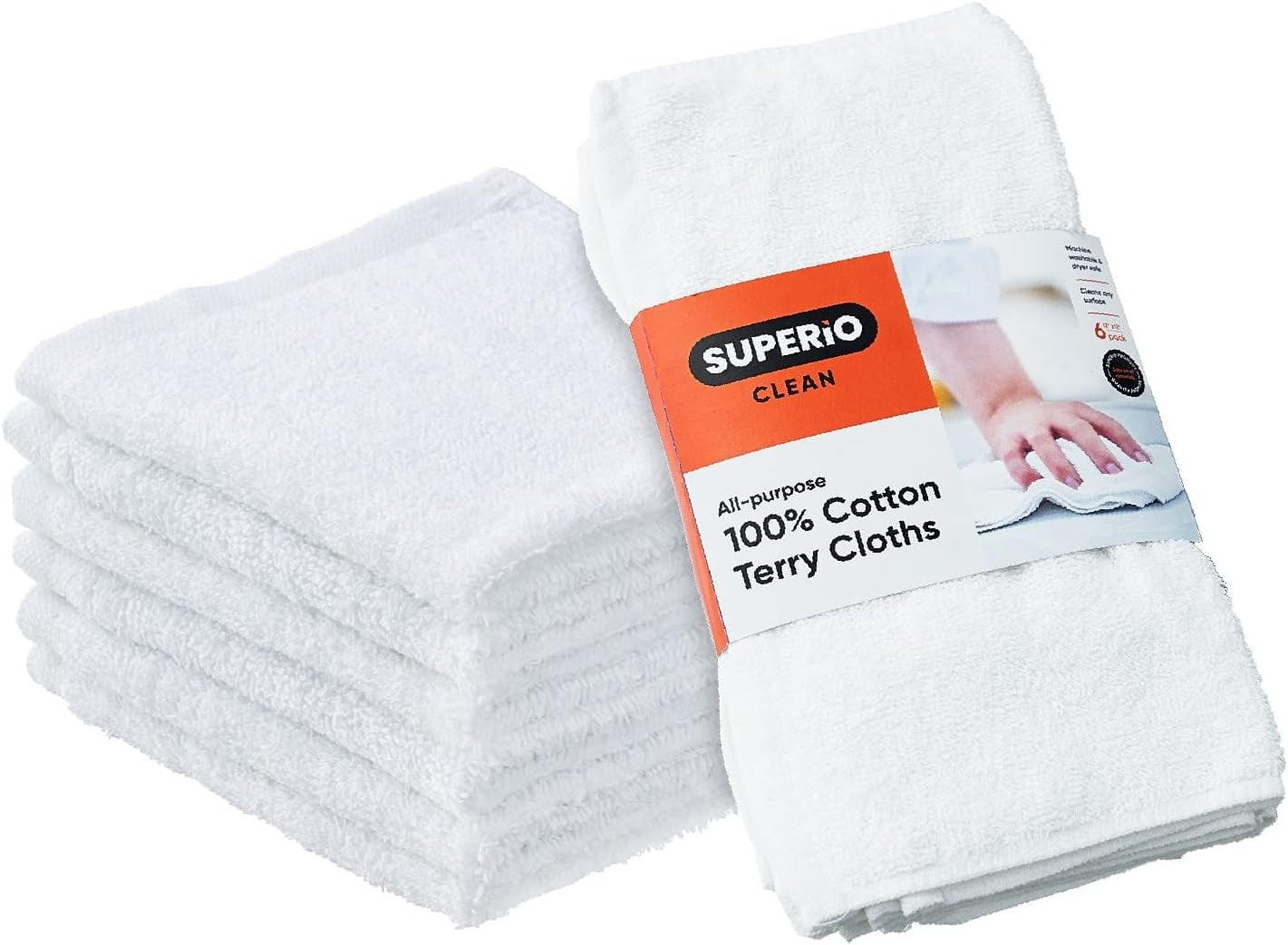 Superio 12” Multi-Purpose Terry Cloth Rags, 100% Cotton Rags, White, 6 ...