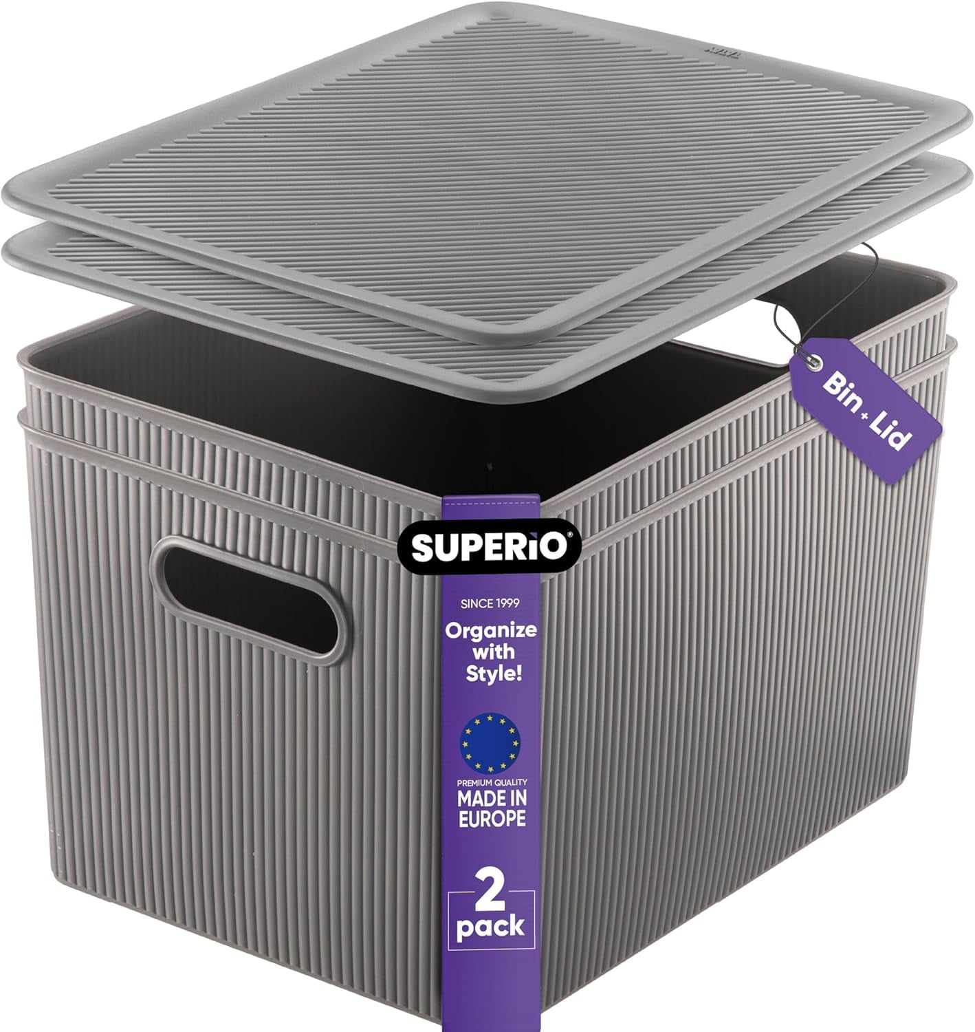 Superio 22L Large Container Set, Grey Ribbed Storage Boxes with Lid ...