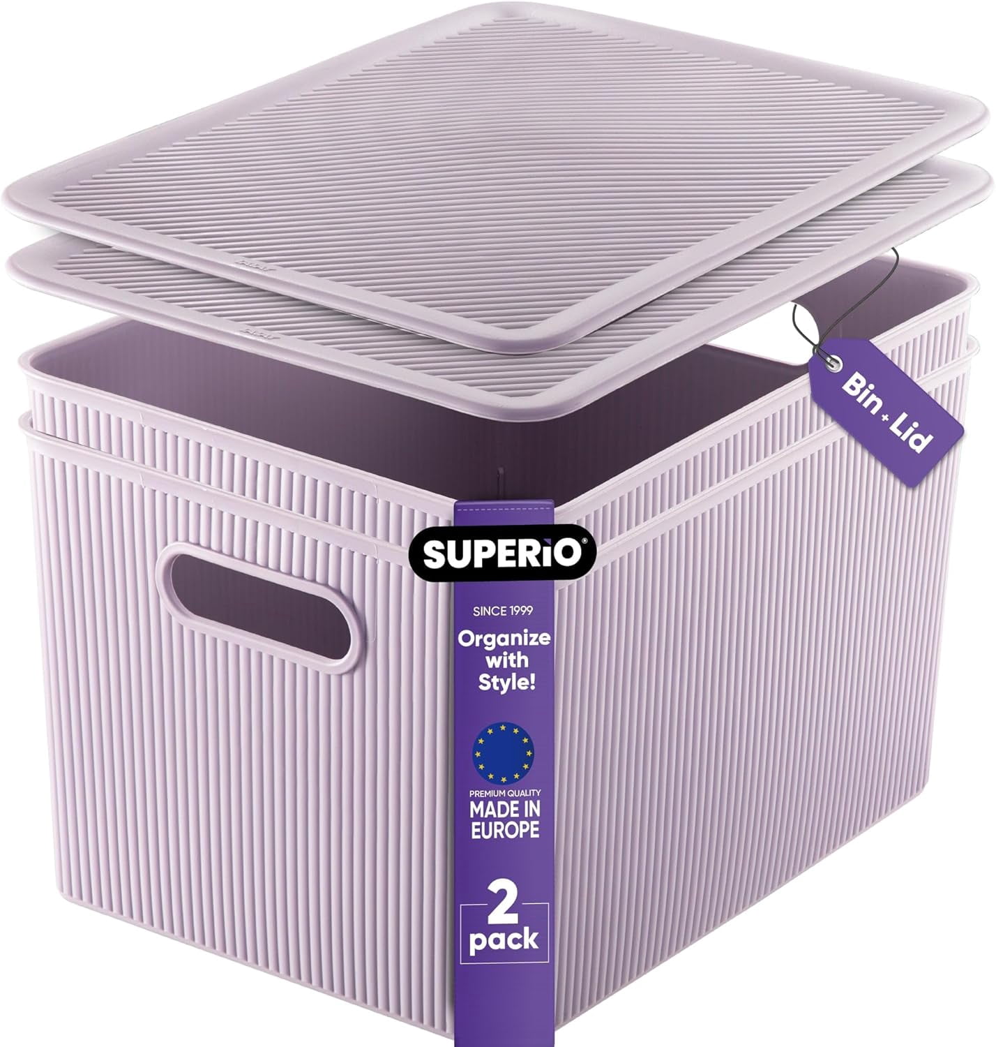 Superio 22L Large Lilac Ribbed Storage Bin with Lid, Plastic (2 Pack ...