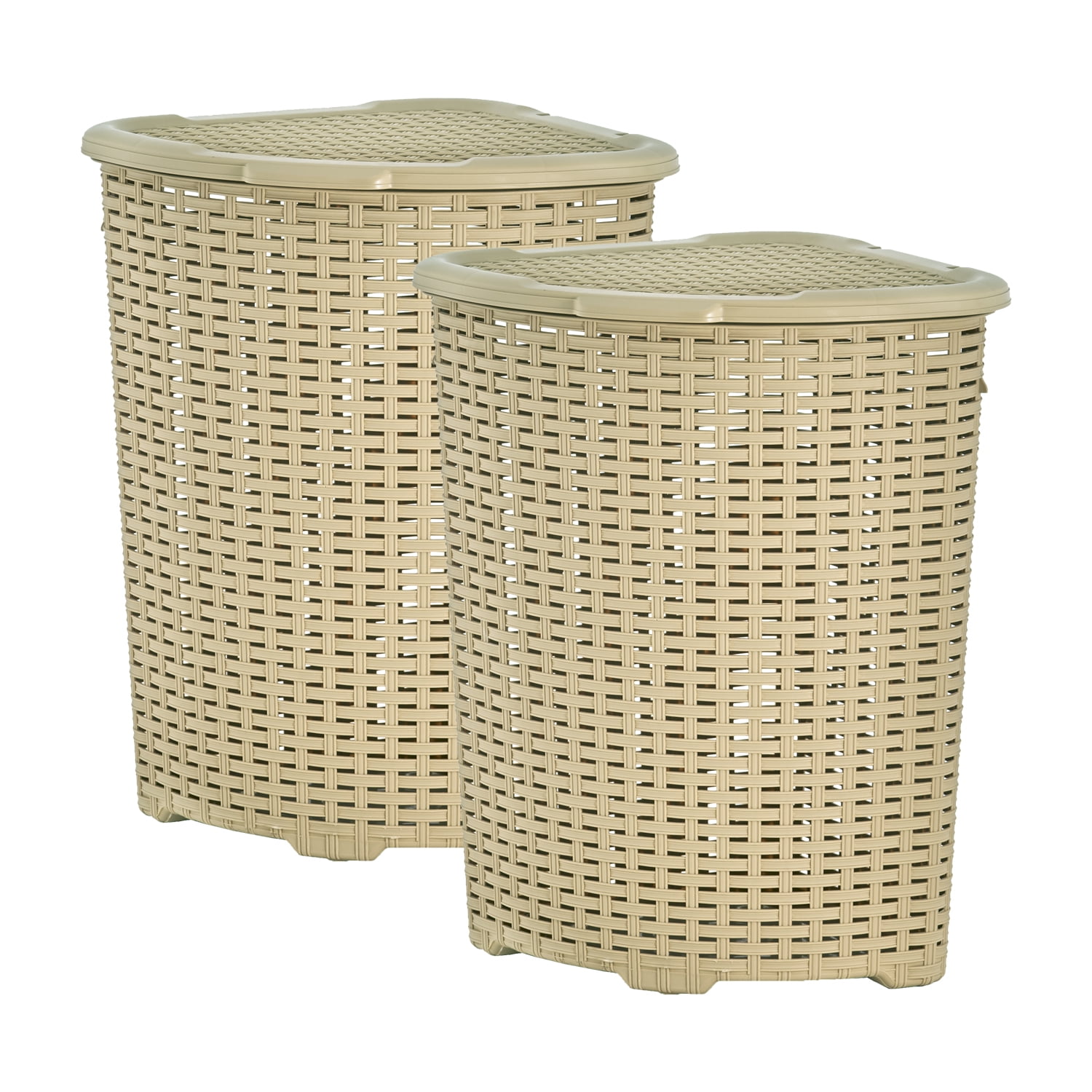 Superio 50L Wicker Plastic Corner Laundry Hamper with Lid - Beige (2 ...