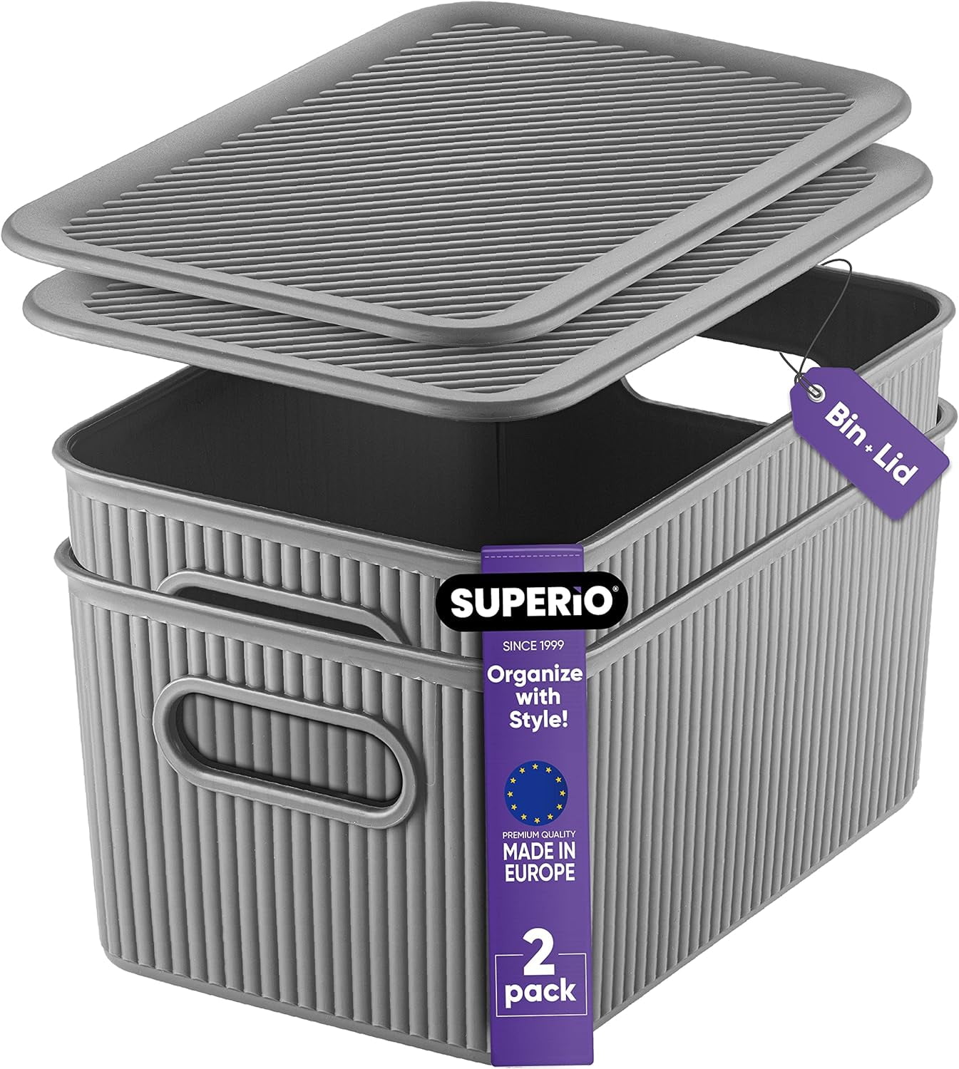 Superio 5L Small Grey Ribbed Storage Bin with Lid, Plastic (2 Pack ...