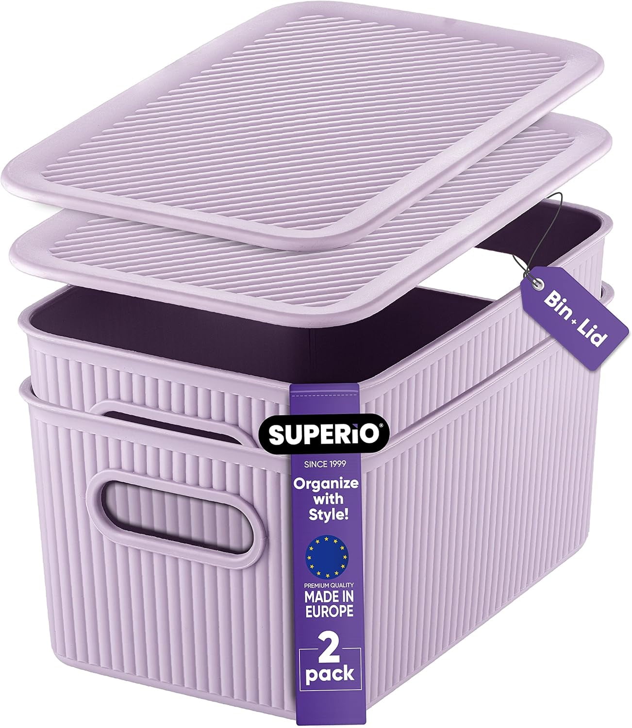 Superio 5L Small Lilac Ribbed Storage Bin with Lid, Plastic (2 Pack ...