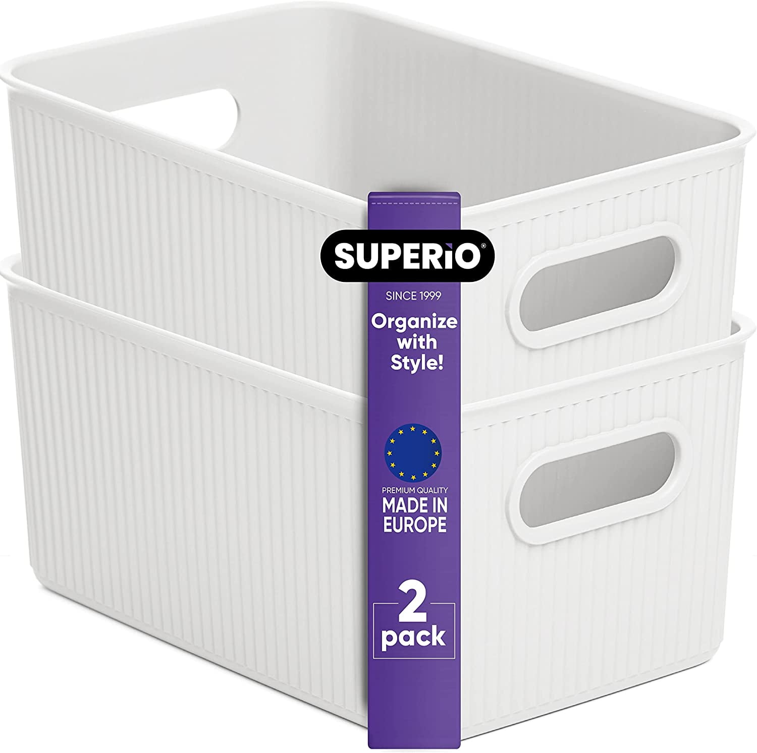 Superio 5L Small Ribbed Storage Bin- Plastic Storage Bin (2 Pack, White ...