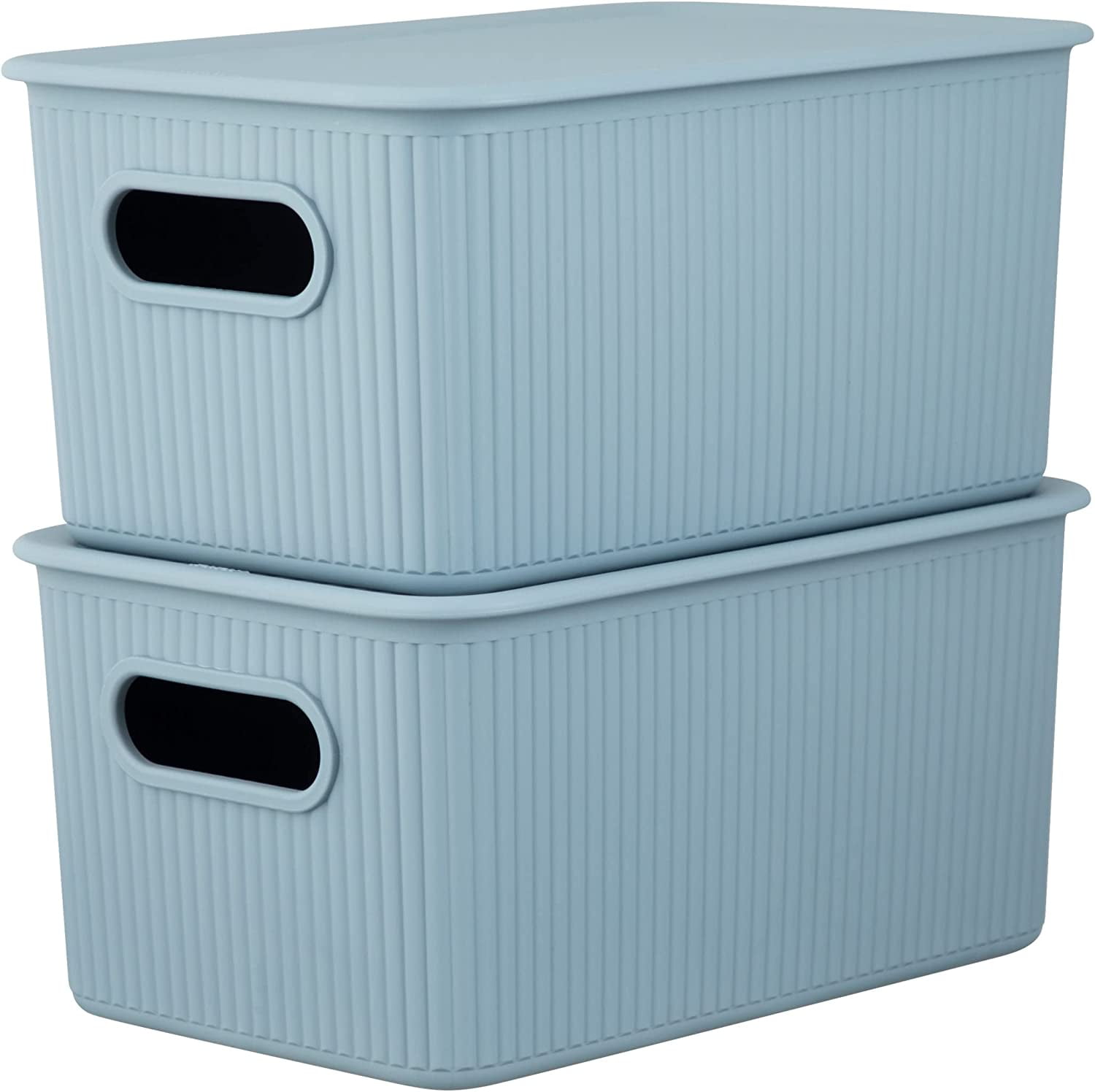 Superio 5L Small Stone Blue Ribbed Storage Bin with Lid, Plastic ...