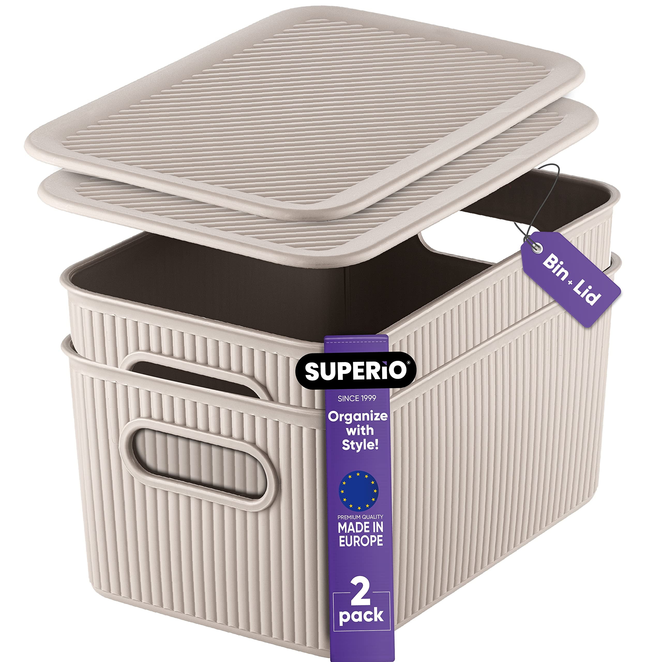 Superio Organizing Containers, 5L Small Taupe Ribbed Storage Bin with ...