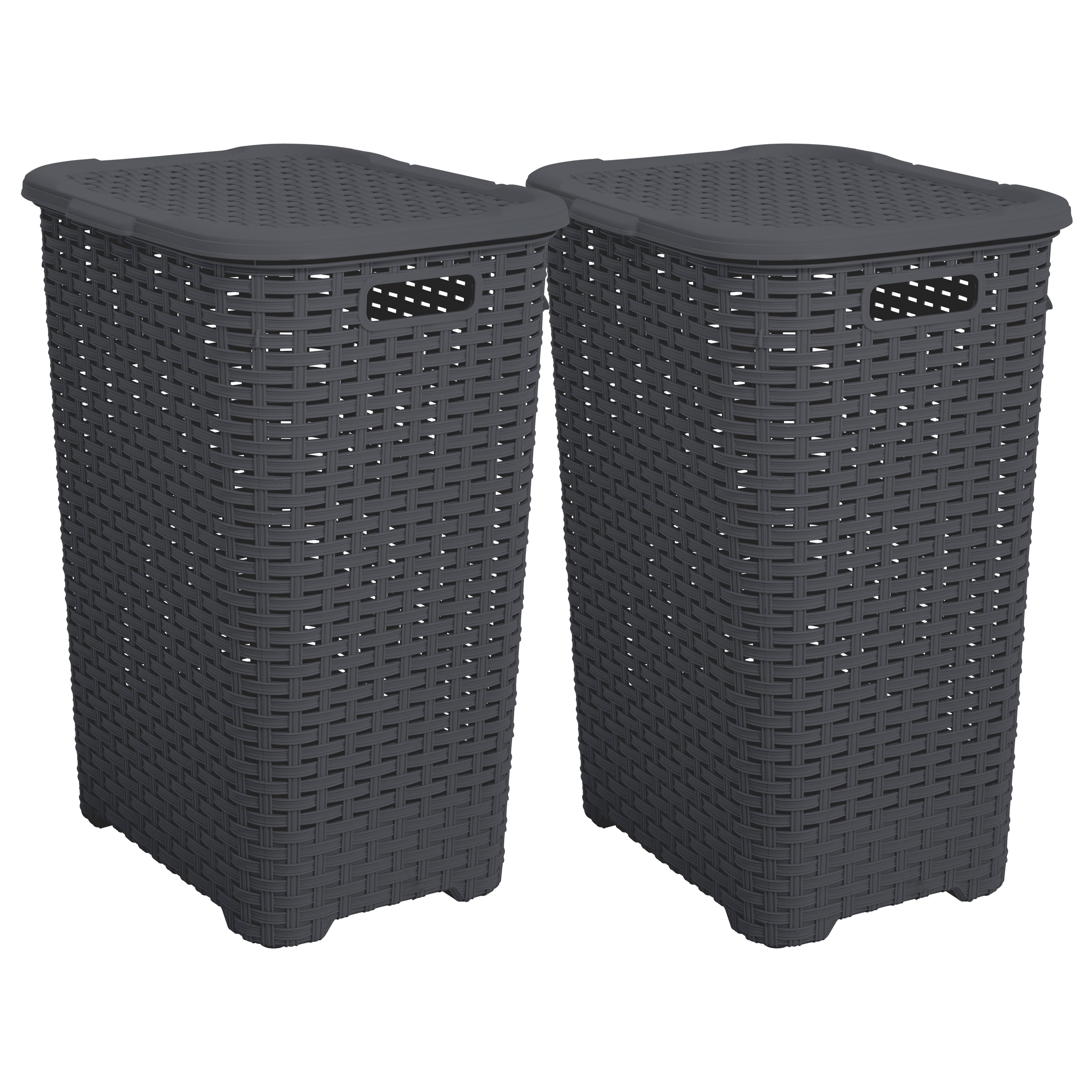 Superio 60L Large Wicker Plastic Laundry Hamper with Lid Grey 2 Pack ...