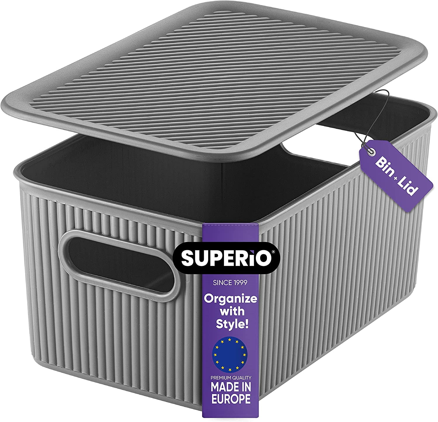 Superio Medium Grey Plastic Lidded Storage Bins, 5 Liter, Stackable ...