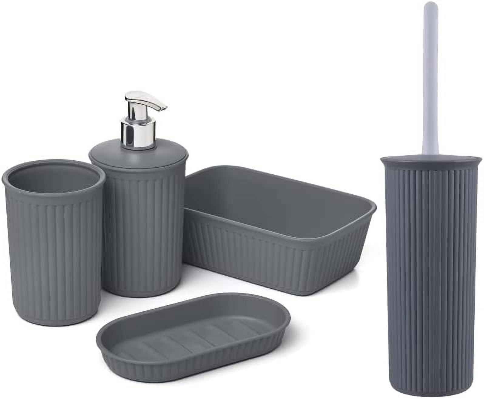 Superio Decorative Ribbed Bathroom Accessory Set, Plastic - Grey (5 ...