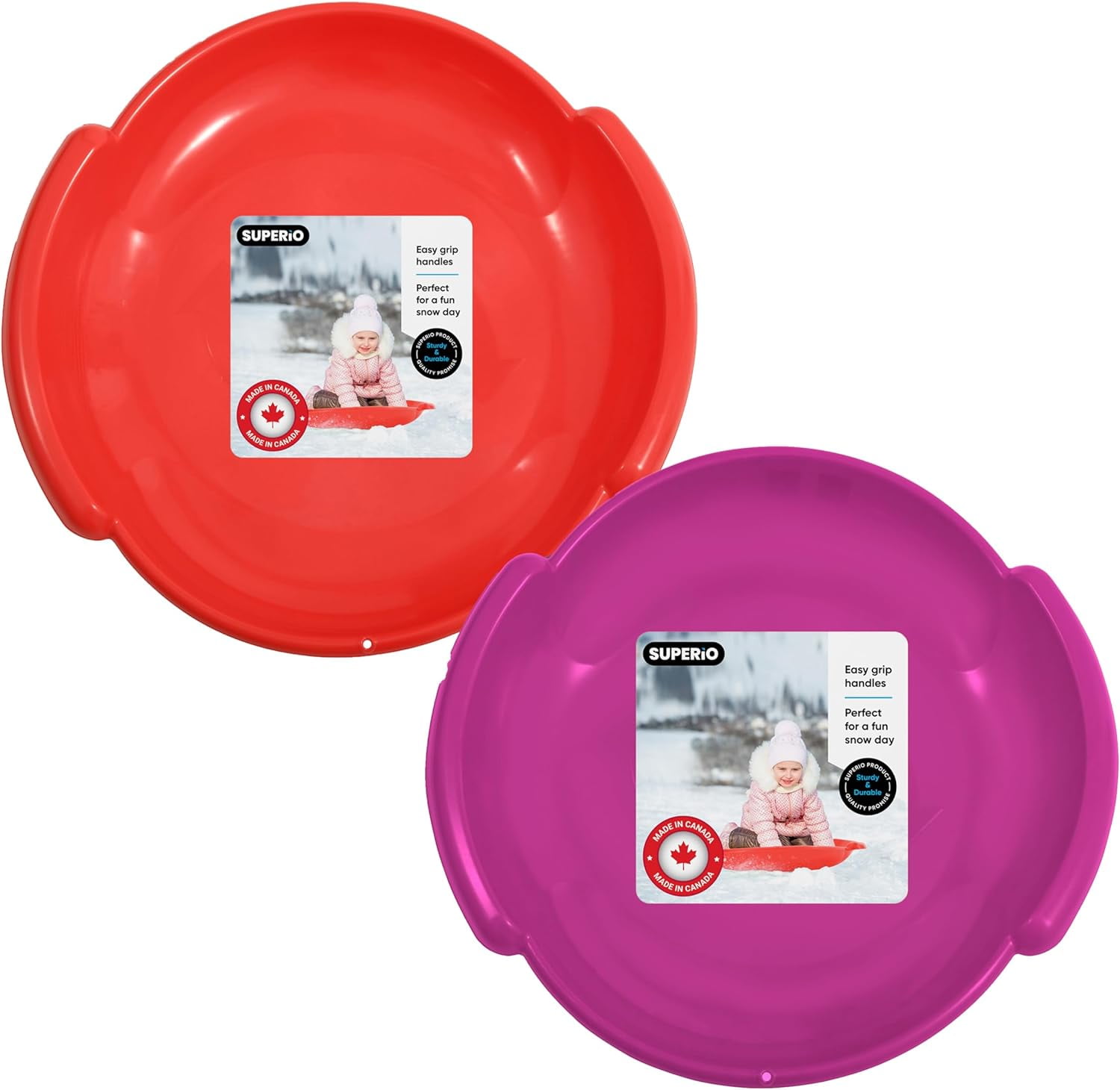 Superio Round Saucer Snow Sled, Red and Fuchsia Pink, 2 Pack Spiral ...