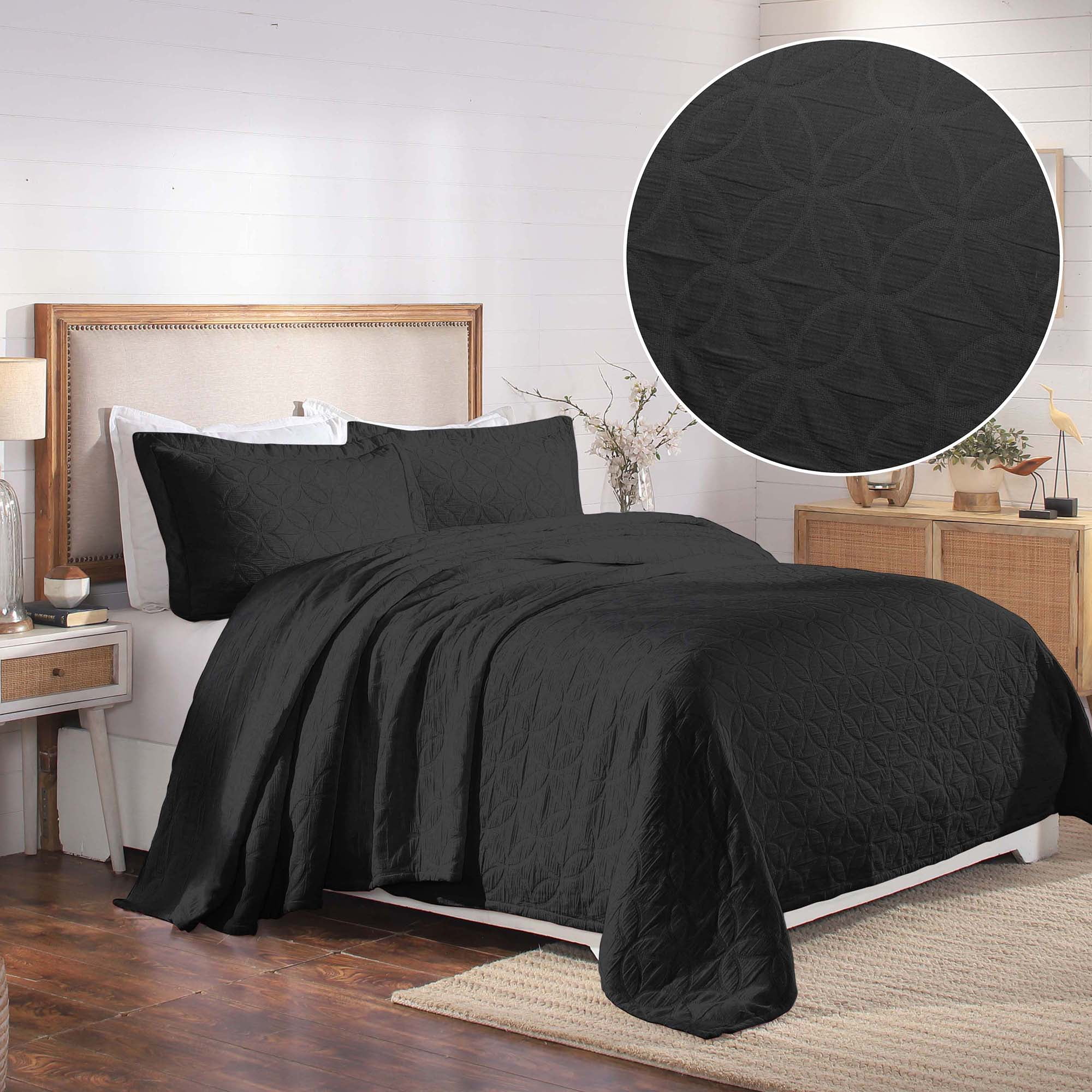 Superior 3-Piece Serenity Cotton Matelasse Black Bedspread Set, Full ...
