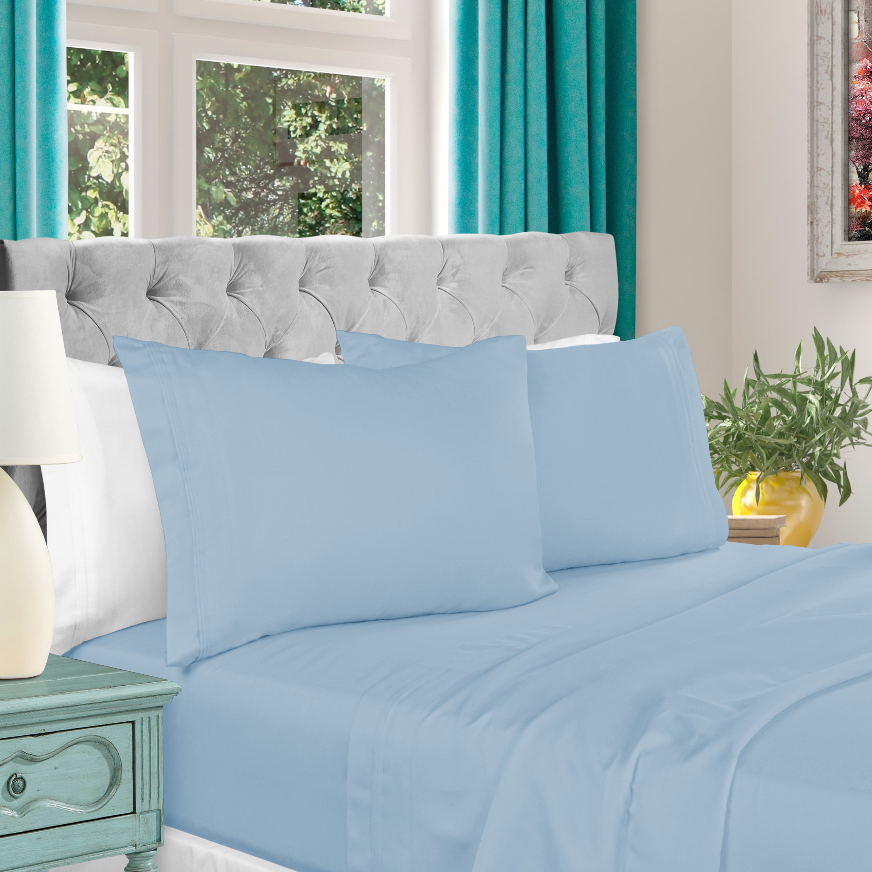 Superior 4-Piece Egyptian Cotton 1000 TC Light Blue Sheets, Queen ...