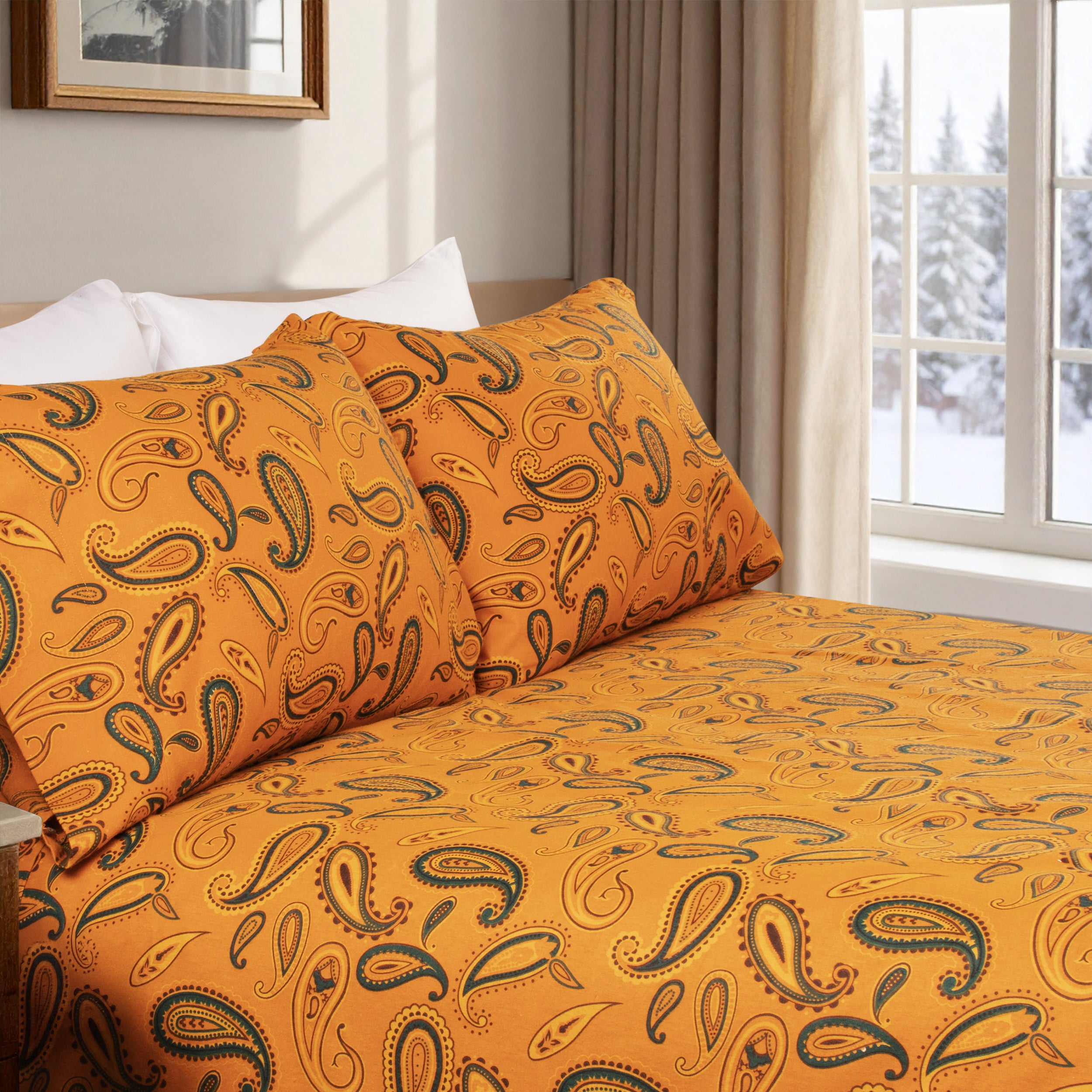 Superior 4-Piece Retro Pumpkin Paisley Cotton Flannel Sheet Set, Queen ...
