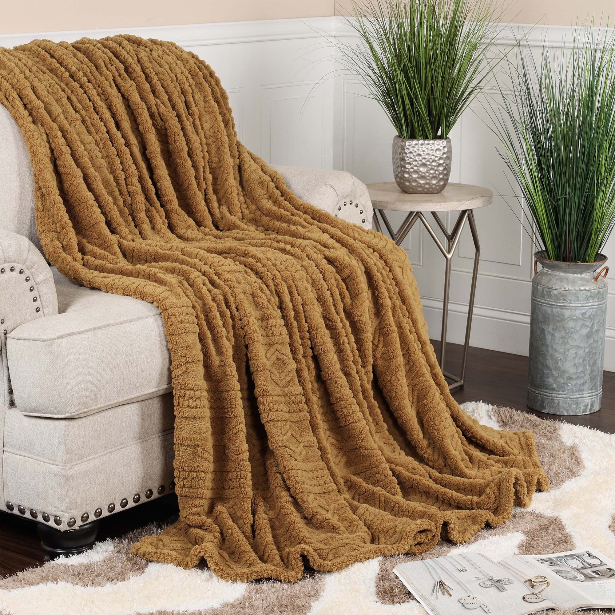 Superior Arctic Fleece Boho Knit Jacquard Blanket, Throw XL, Camel ...