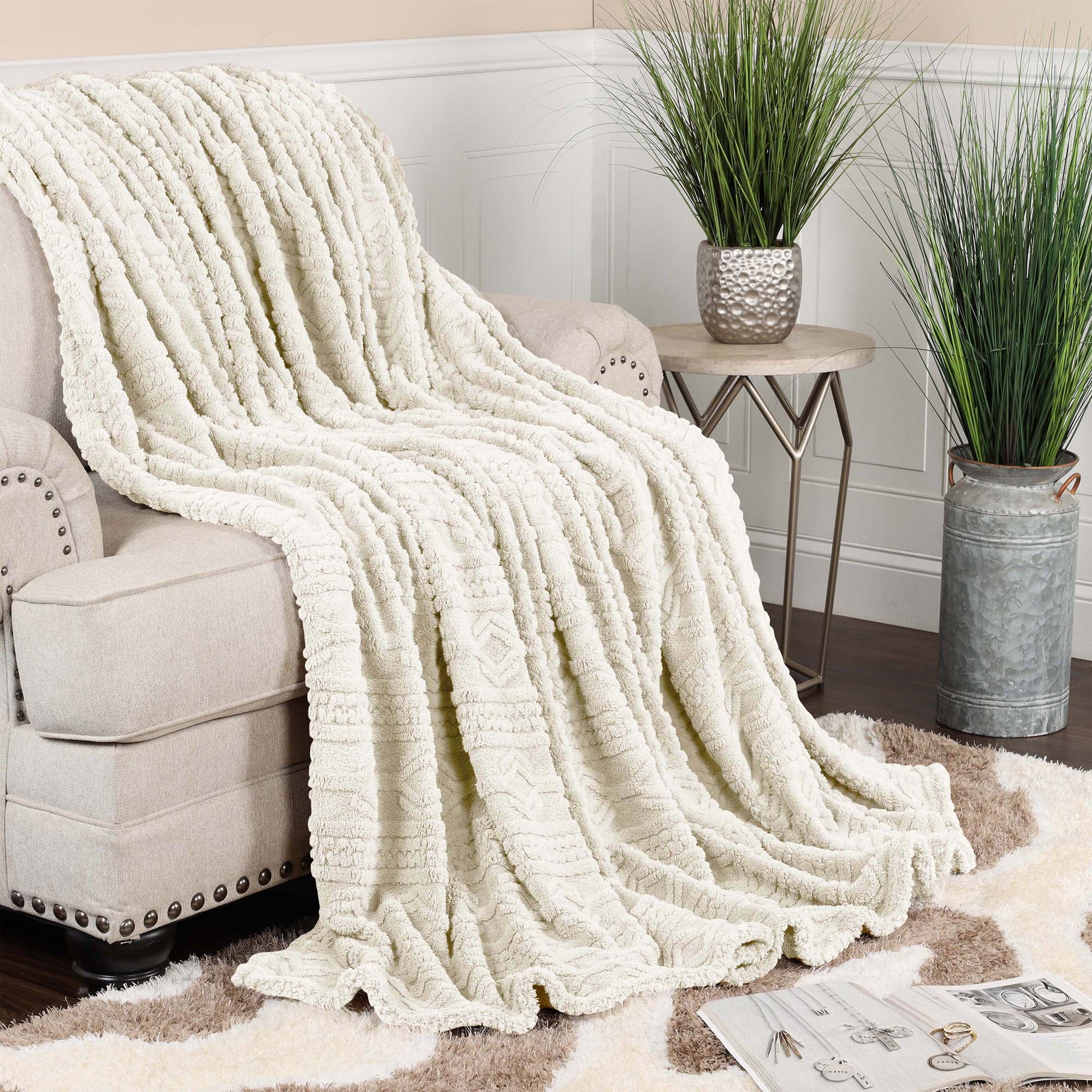 Superior Arctic Fleece Boho Knit Jacquard Blanket, Throw XL, Ivory ...