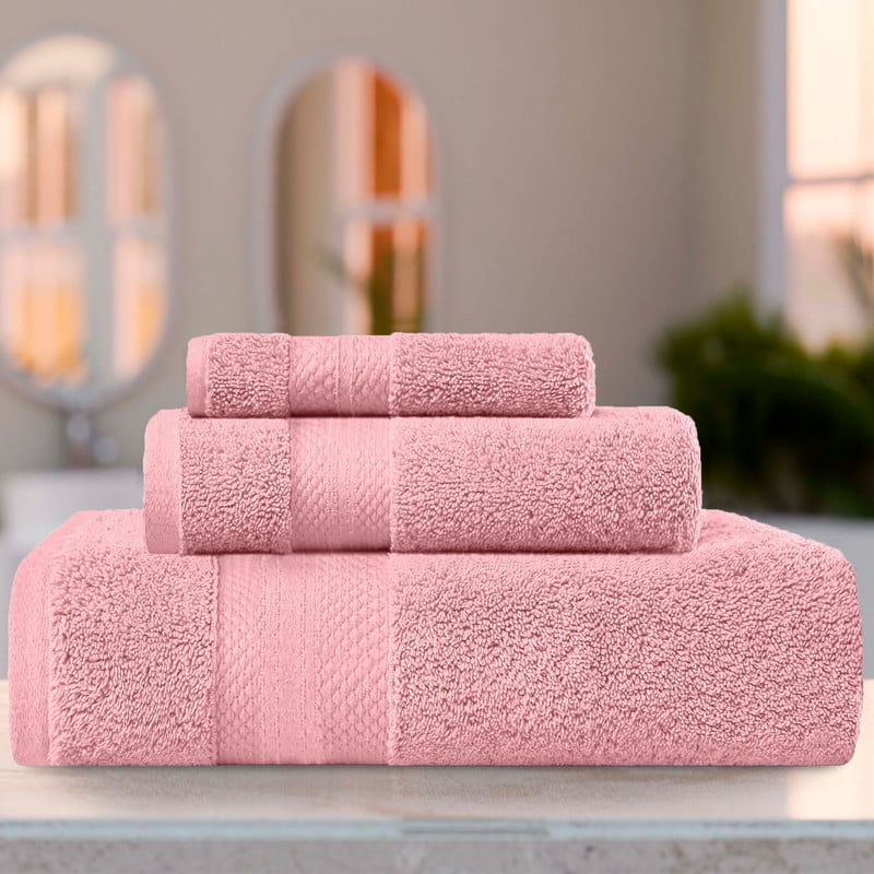Superior Aria Turkish Cotton 3-Piece Coral Pink Towel Set - Bath, Hand ...