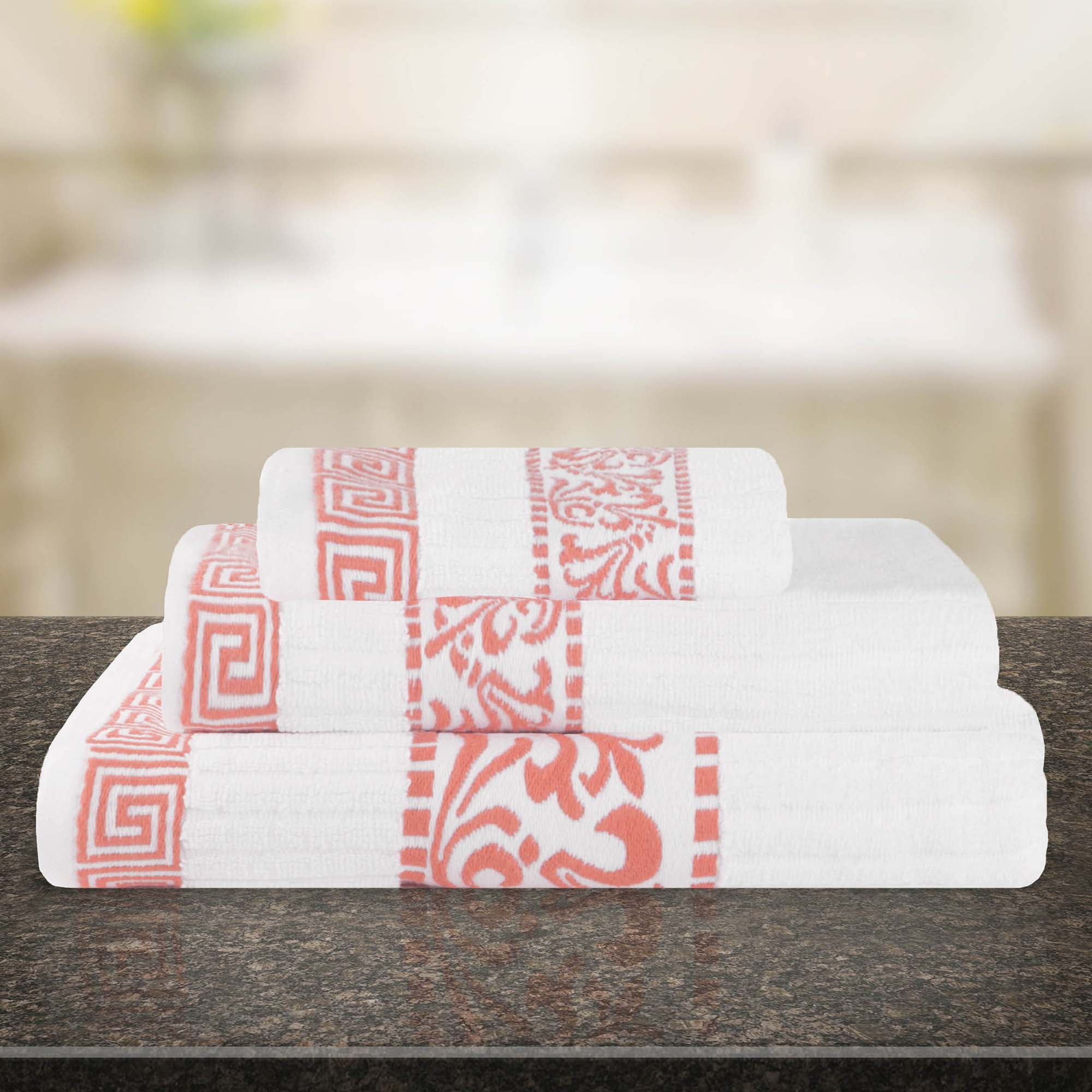 Superior Athens 3-Piece Cotton Greek Scroll Towel Set, Coral - Walmart.com